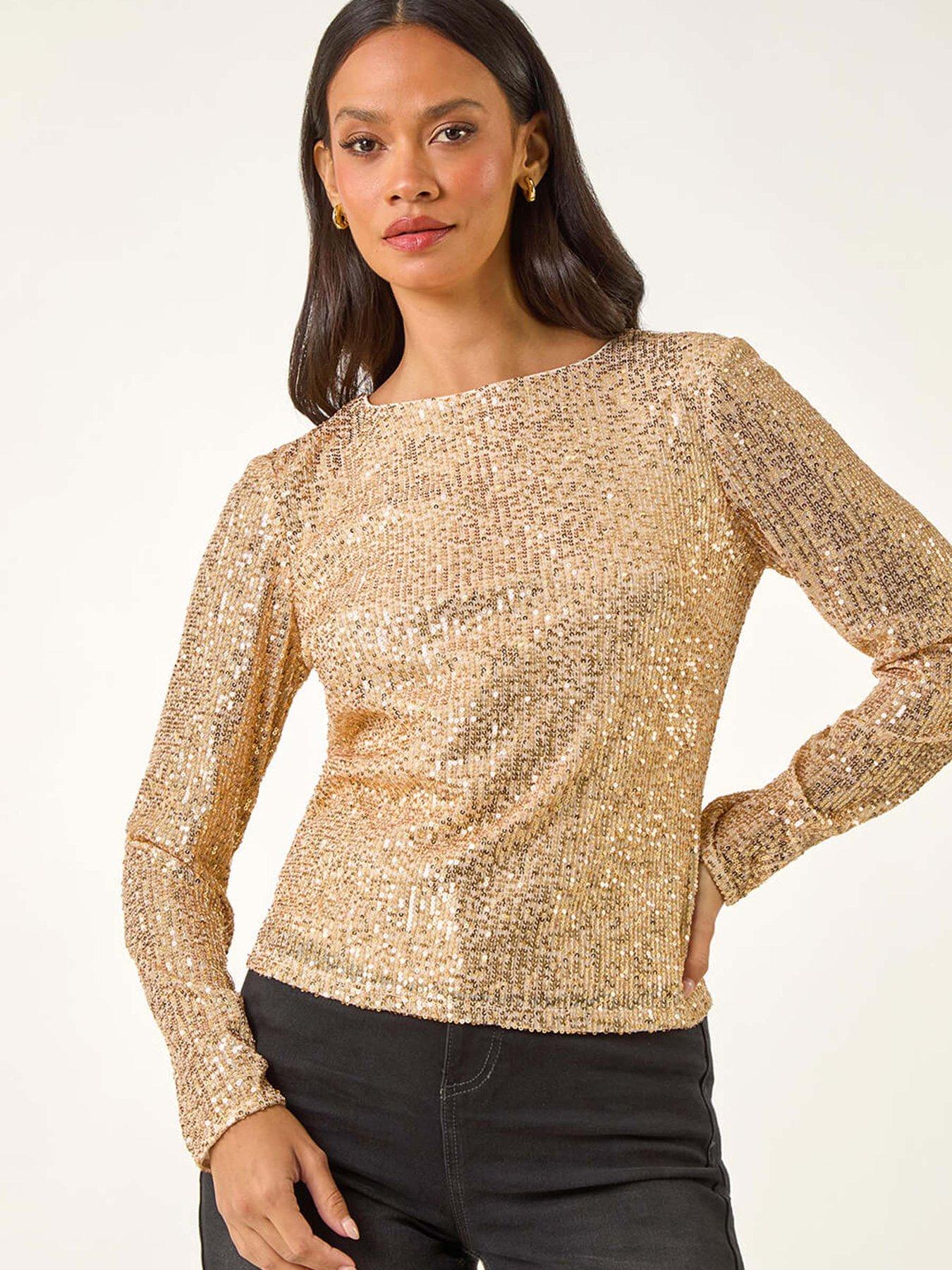 Roman Dusk Sequin Long Sleeve Stretch Top - Gold | Very
