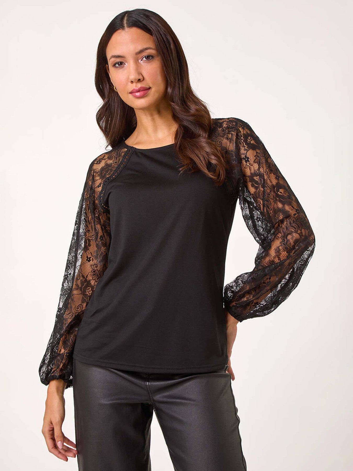 Roman Lace Sleeve Stretch Tunic Top - Black | Very