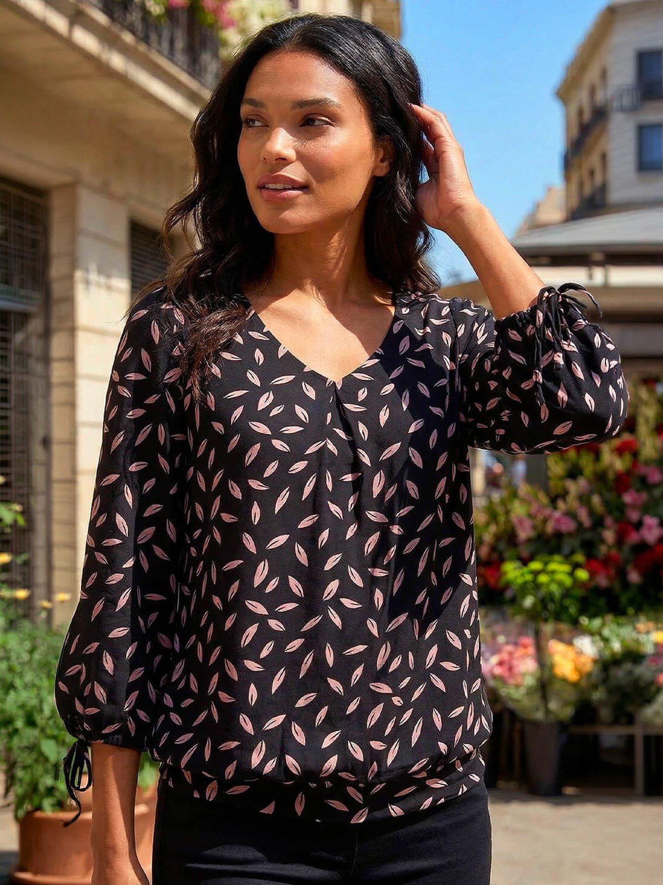 Roman Leaf Print Banded Stretch Top - Black | Very