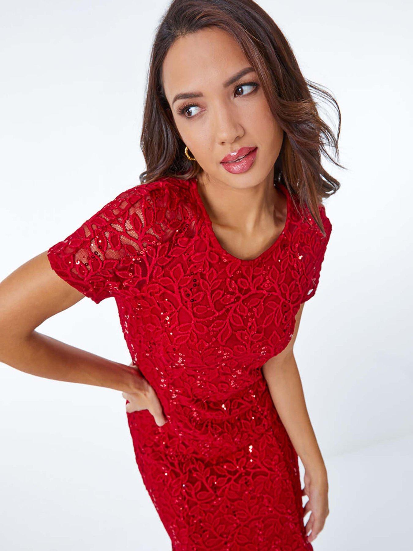 Roman Leaf Lace Sequin Midi Dress - Red | Very