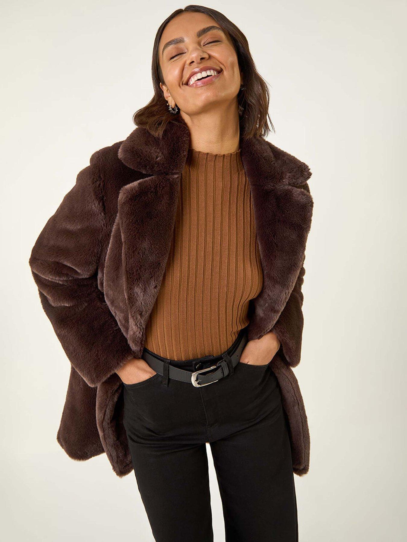 Roman Faux Fur Longline Coat - Chocolate | Very