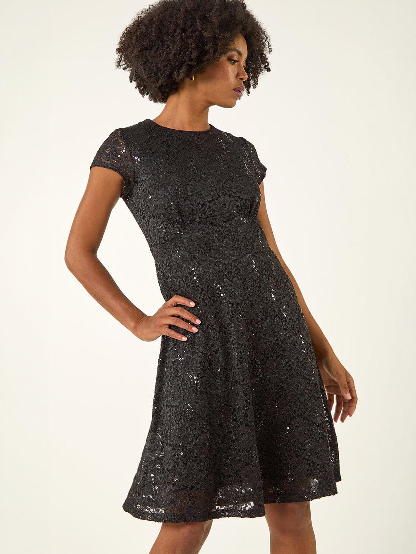 Roman Sequin Fluted Hem Lace Stretch Dress - Black | Very