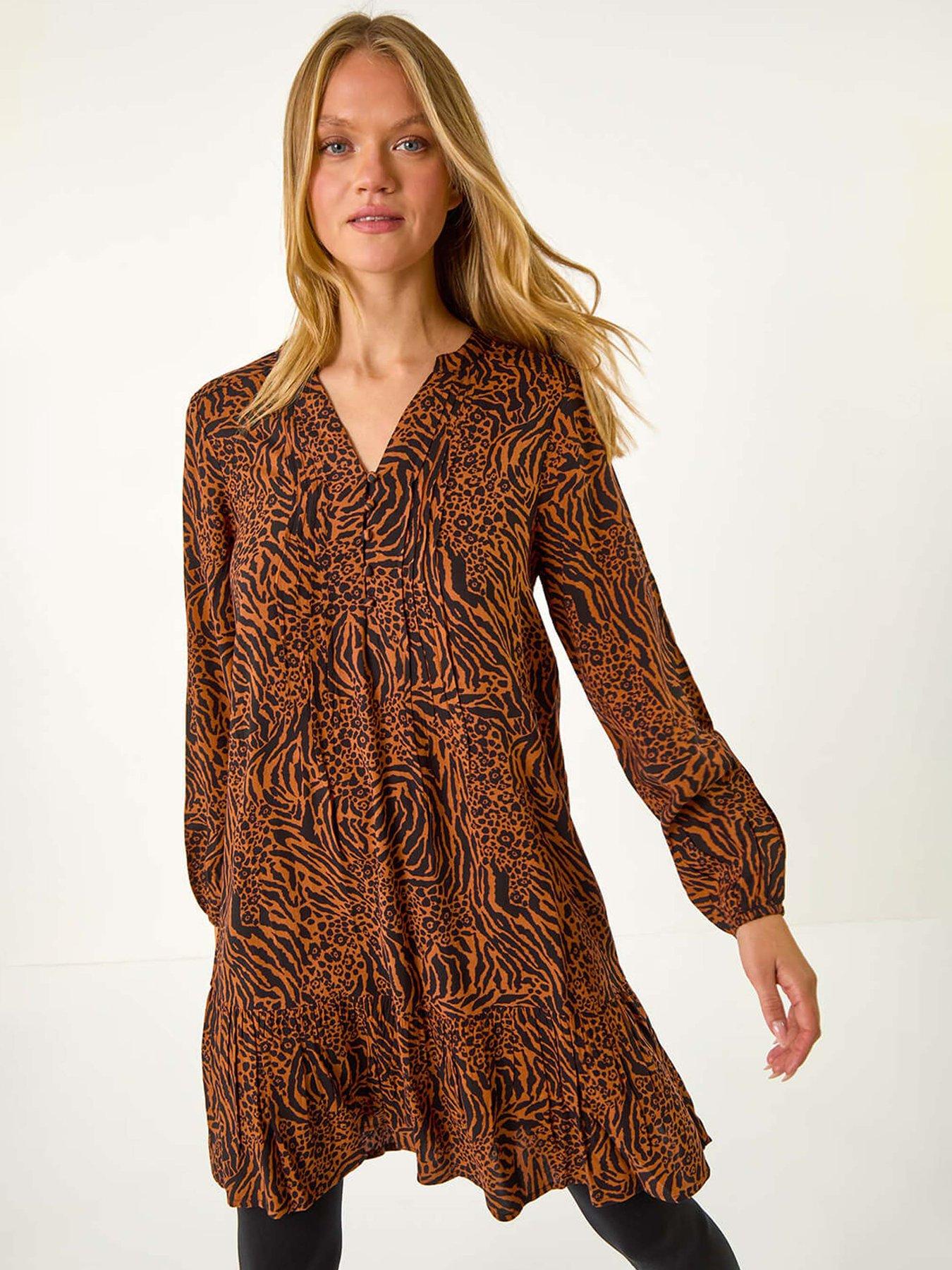 Roman Animal Print Pintuck Smock Dress - Rust | Very
