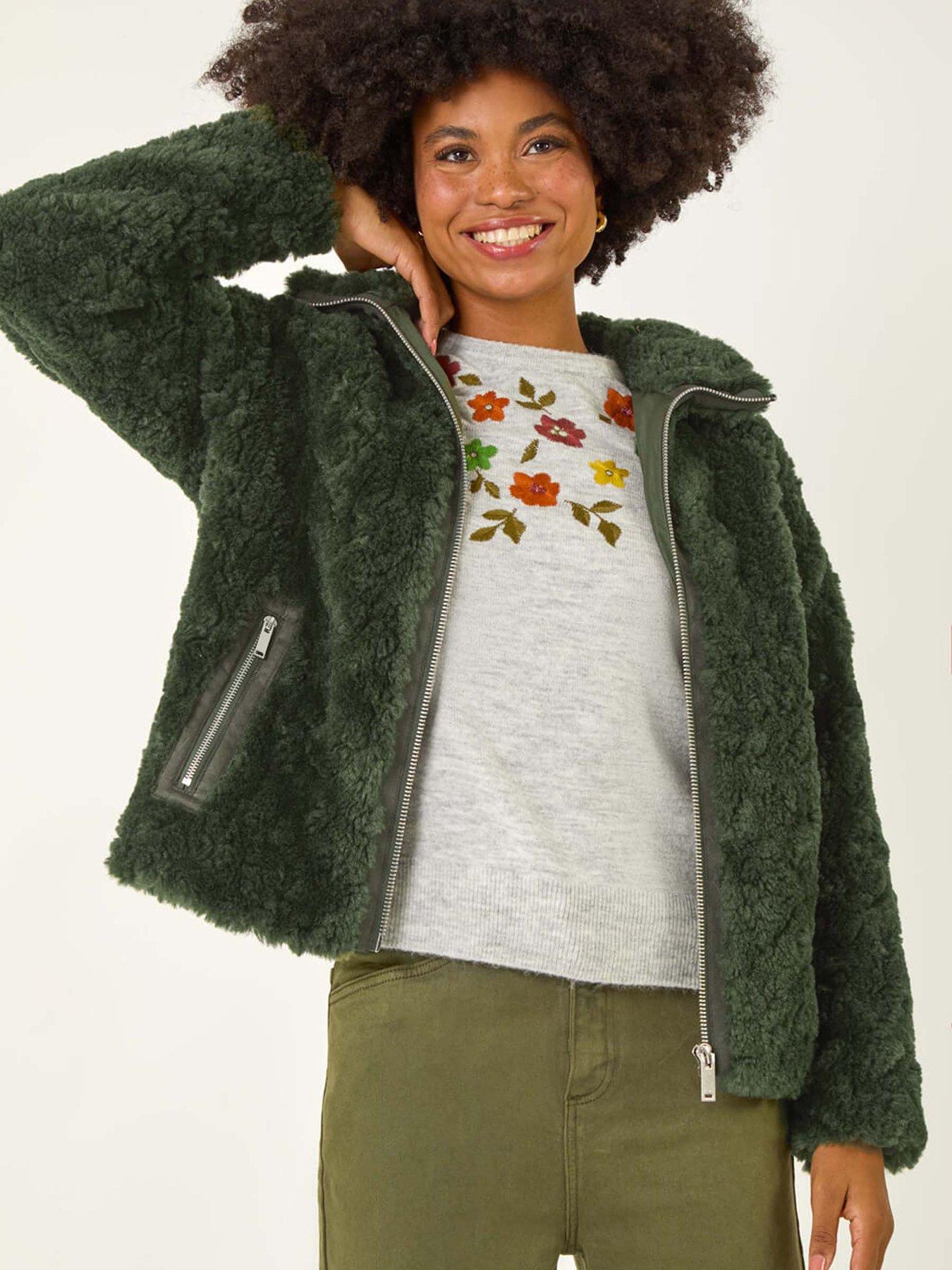 Roman Teddy Borg Bomber Coat - Green | Very