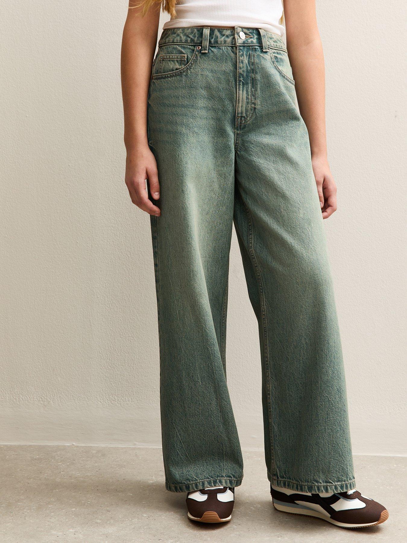 New Look 915 Girls Distressed Wash Super Wide Leg Jeans - Blue | Very
