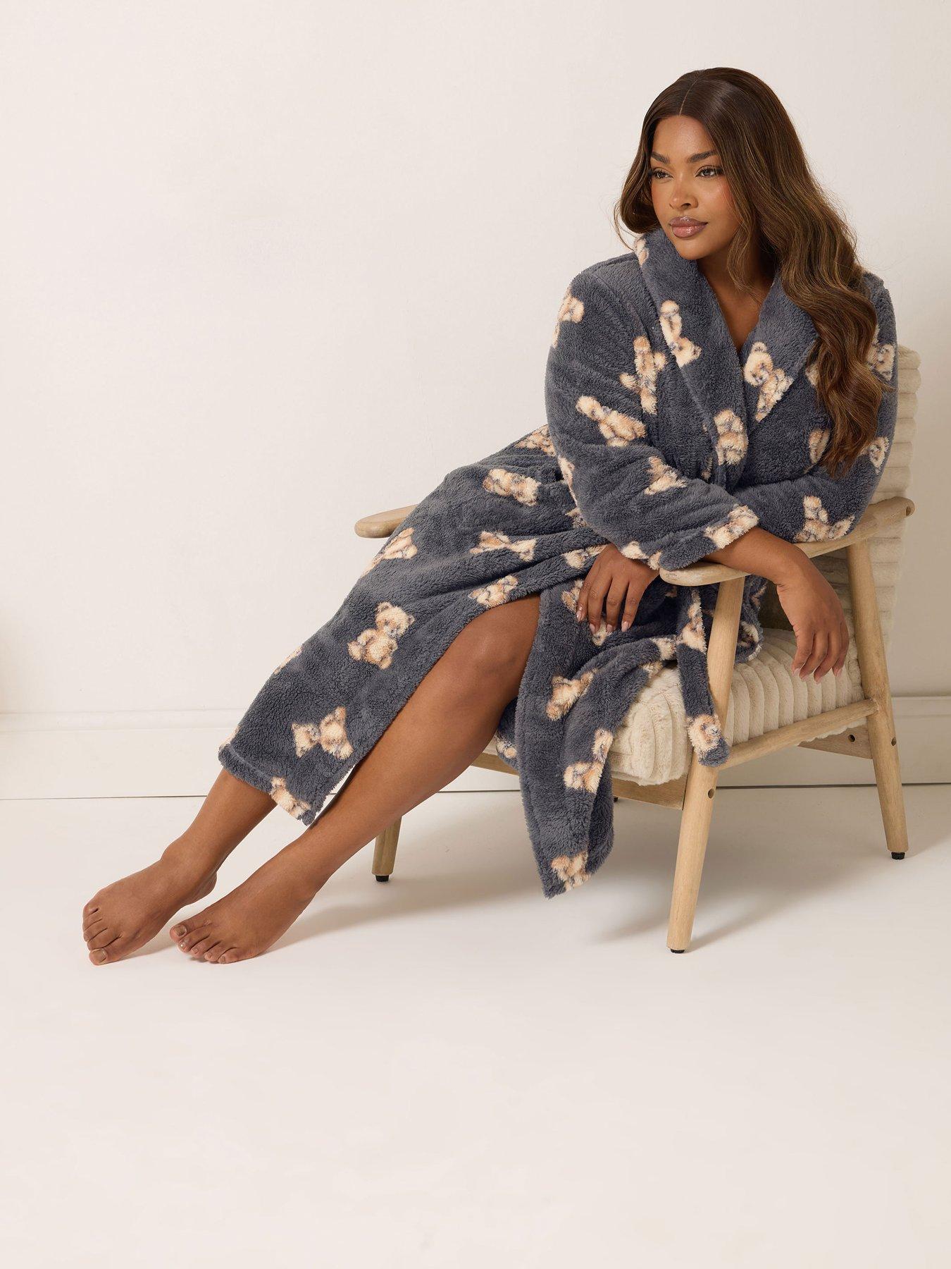Yours Curve Fluffy Teddy Shawl Collar Robe - Grey | Very