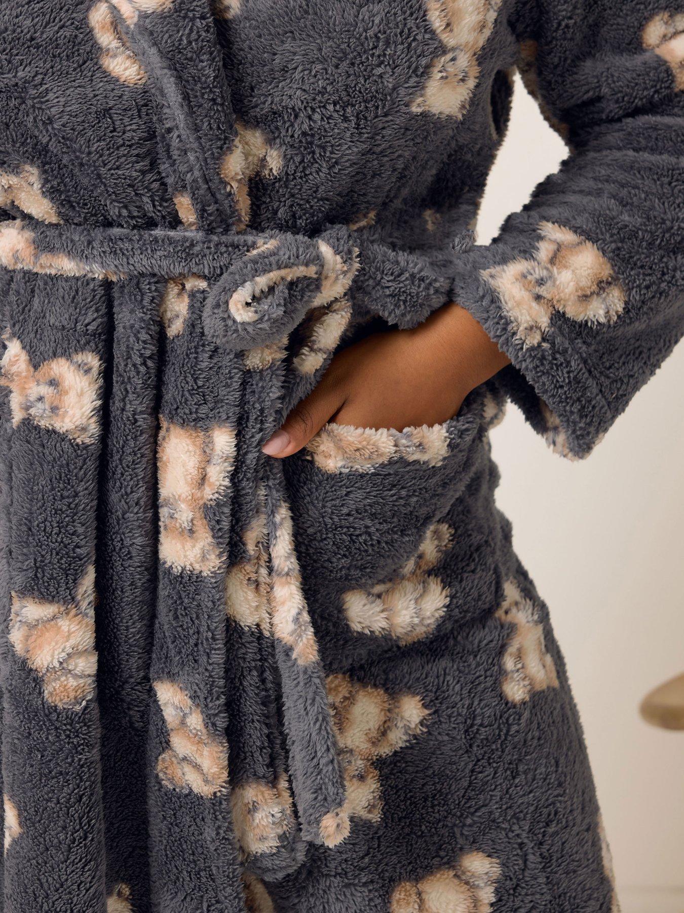 Yours Curve Fluffy Teddy Shawl Collar Robe - Grey | Very