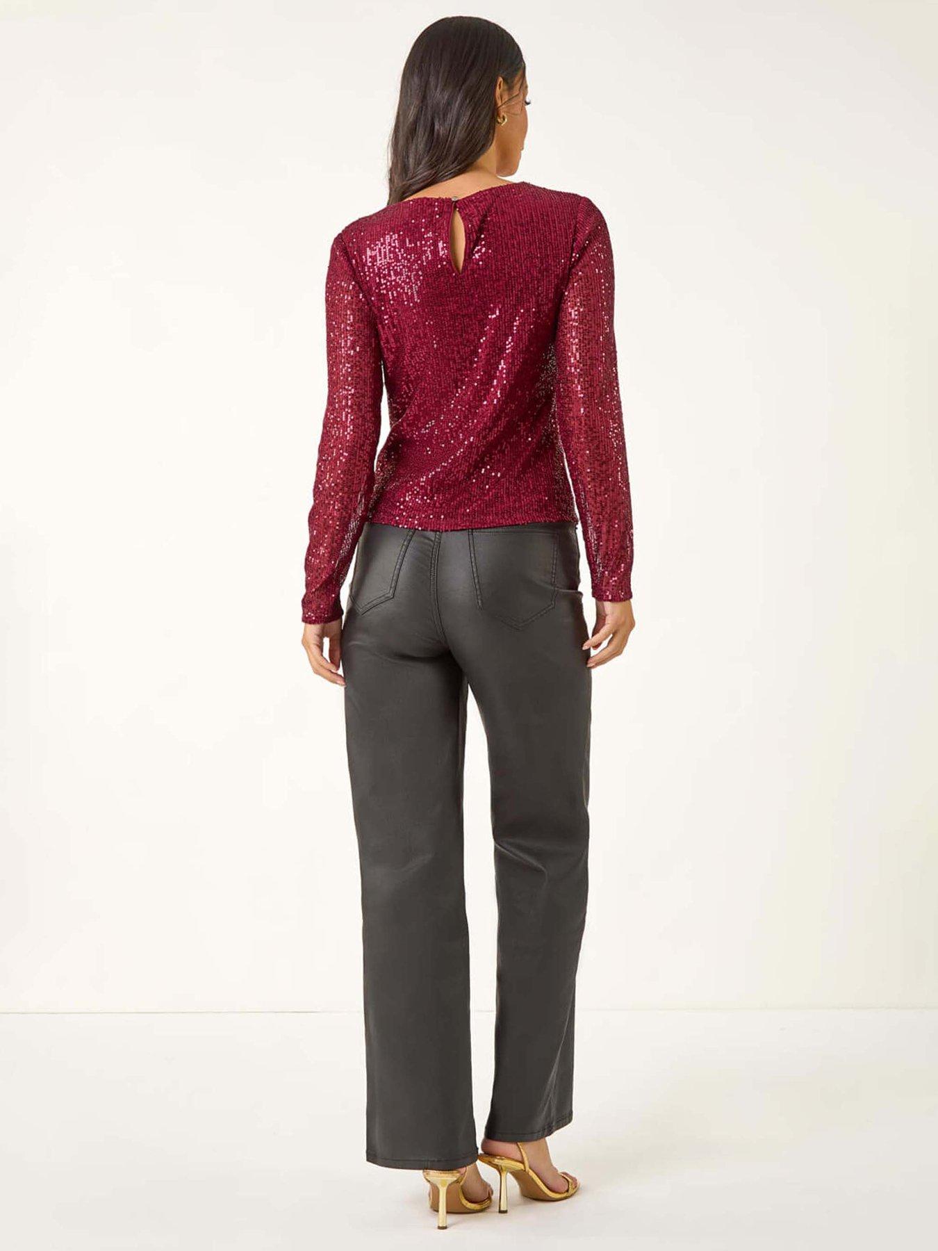 Roman Dusk Sequin Long Sleeve Stretch Top - Burgundy | Very