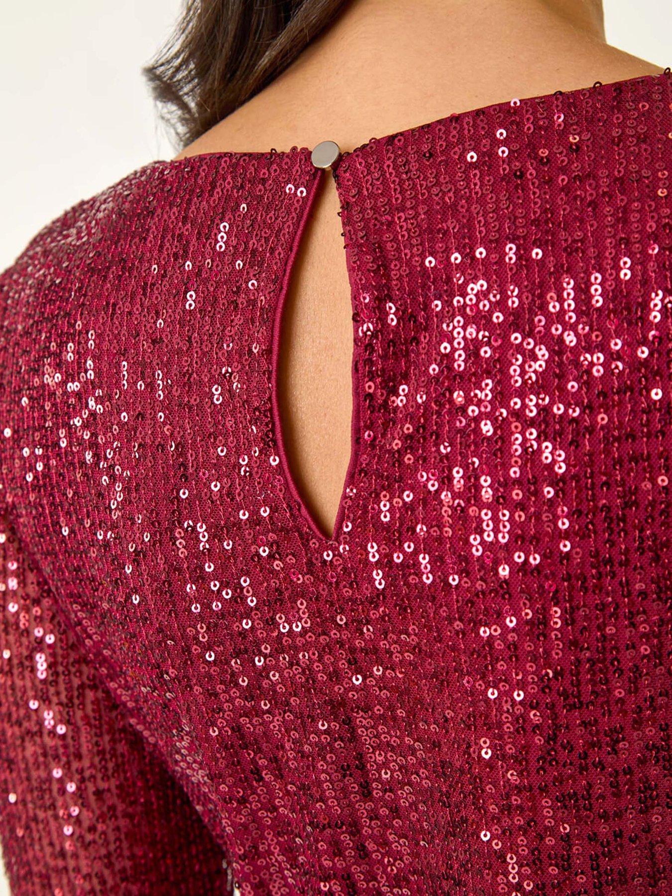 Roman Dusk Sequin Long Sleeve Stretch Top - Burgundy | Very