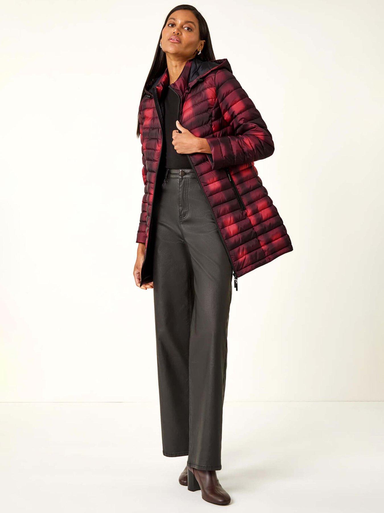 Roman Check Print Quilted Puffer Coat - Burgundy | Very