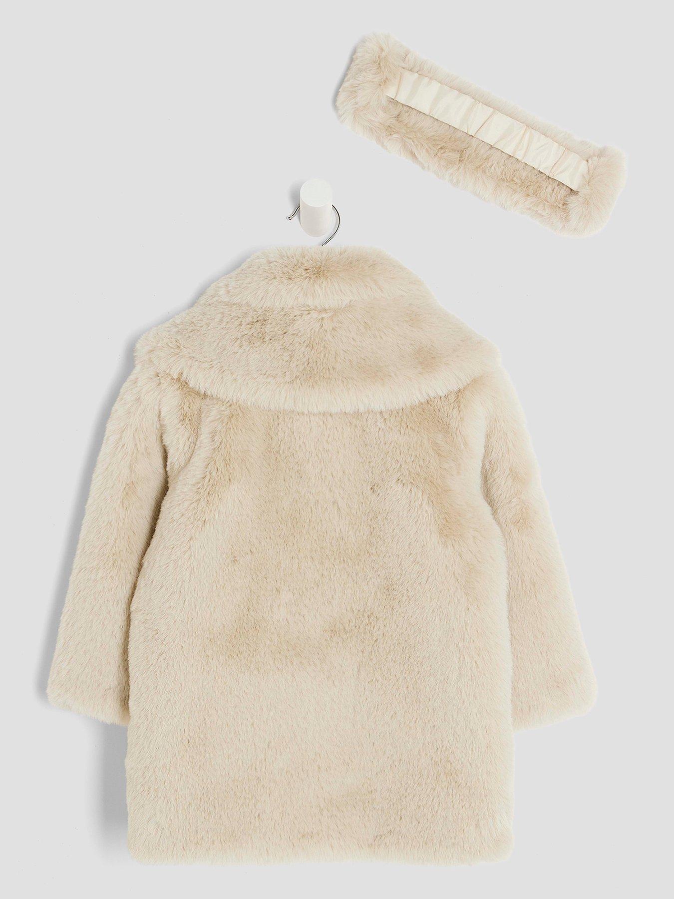River Island Mini Girls Faux Fur Coat With Headband - Cream | Very