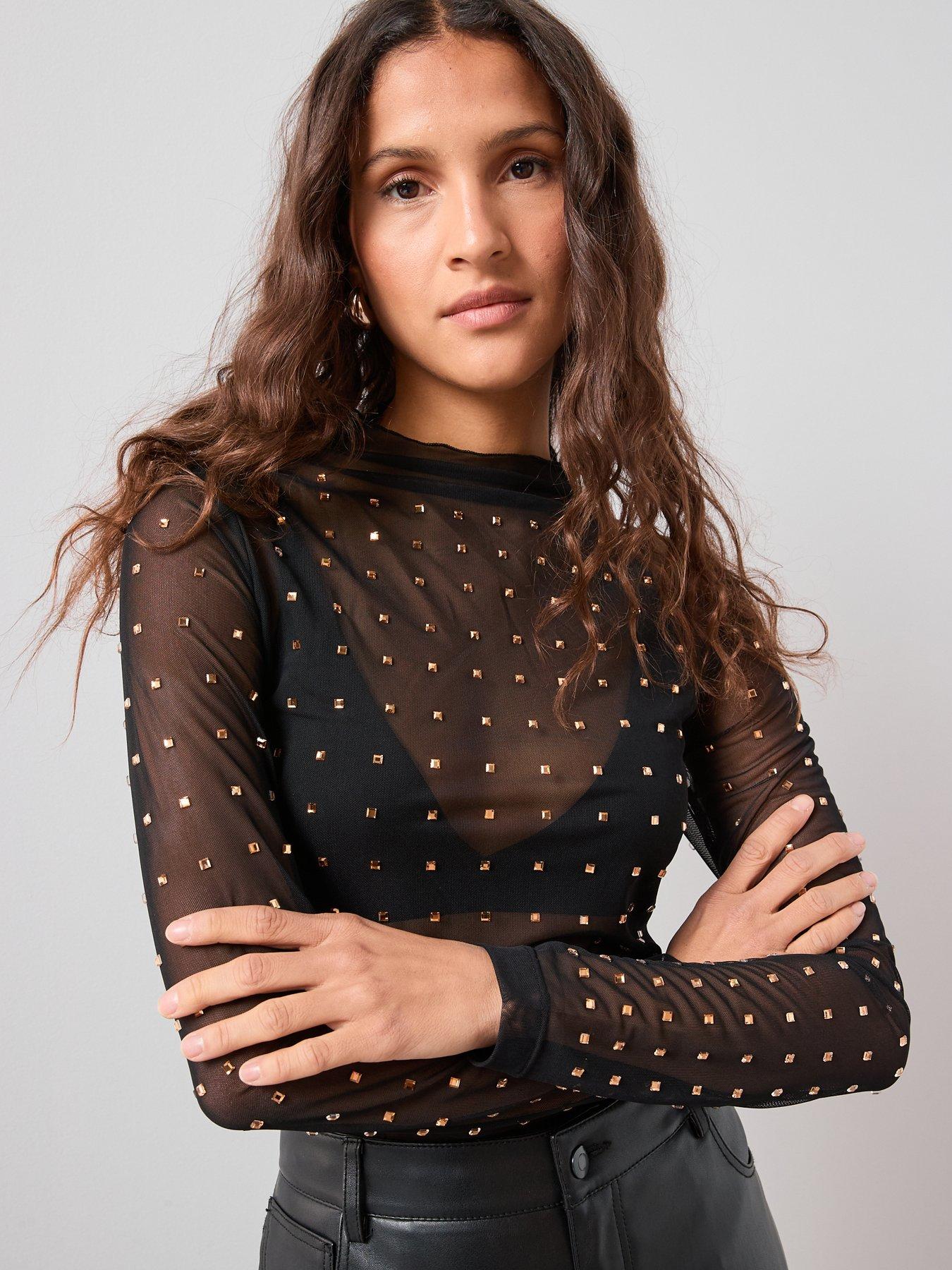 The Very Collection Mesh Embellished Long Sleeve Top - Black | Very