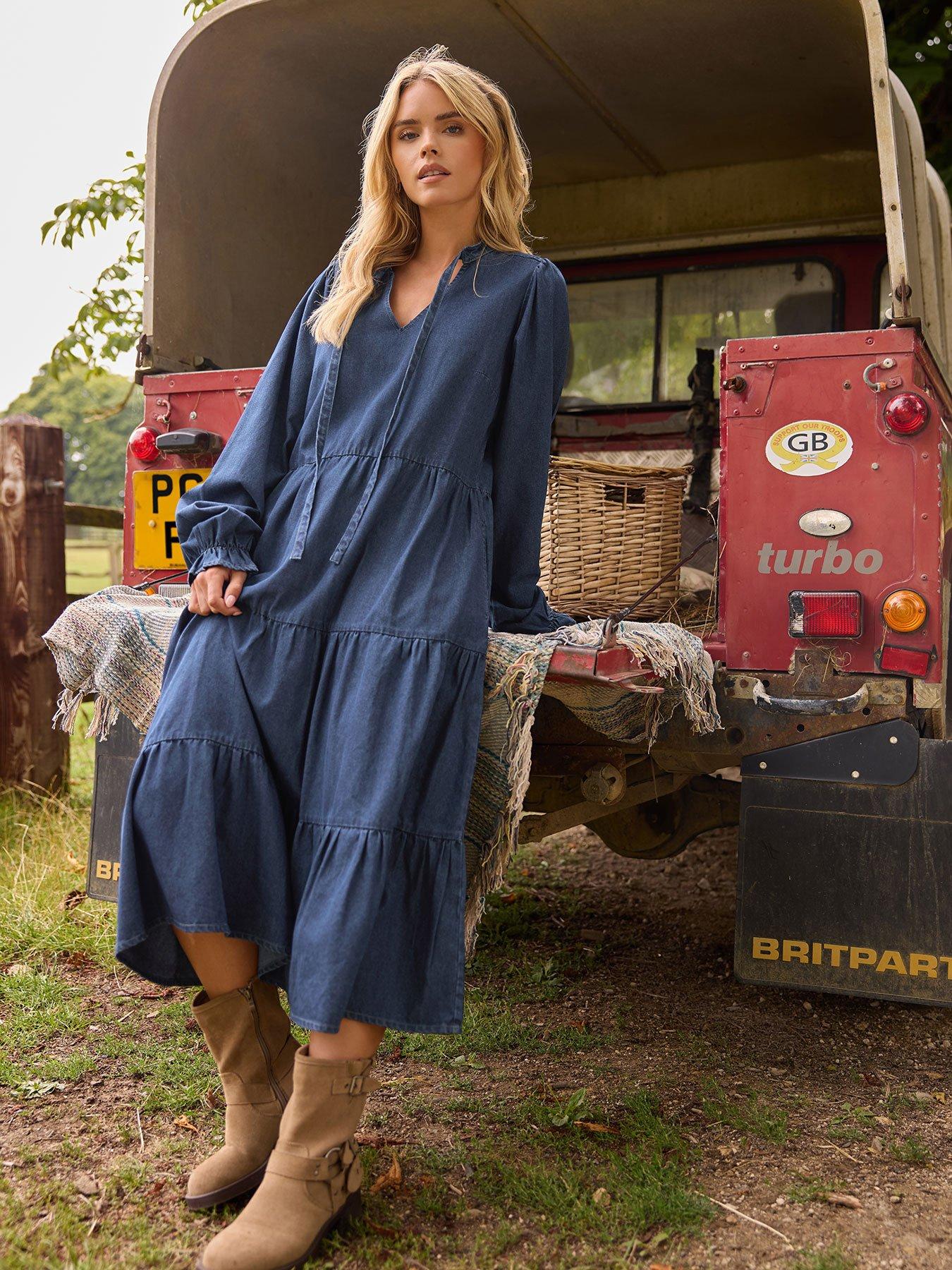 PixieGirl Petite Tie Neck Tiered Denim Dress - Blue | Very