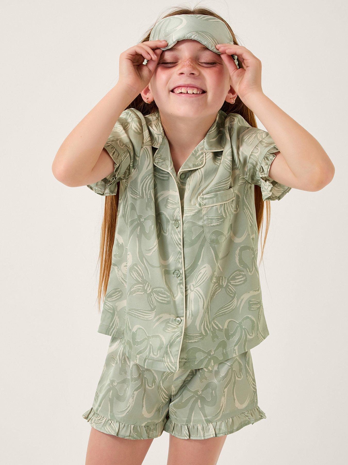 Monsoon Girls Satin Bow Print Pyjamas & Sleep Mask Set - Green | Very