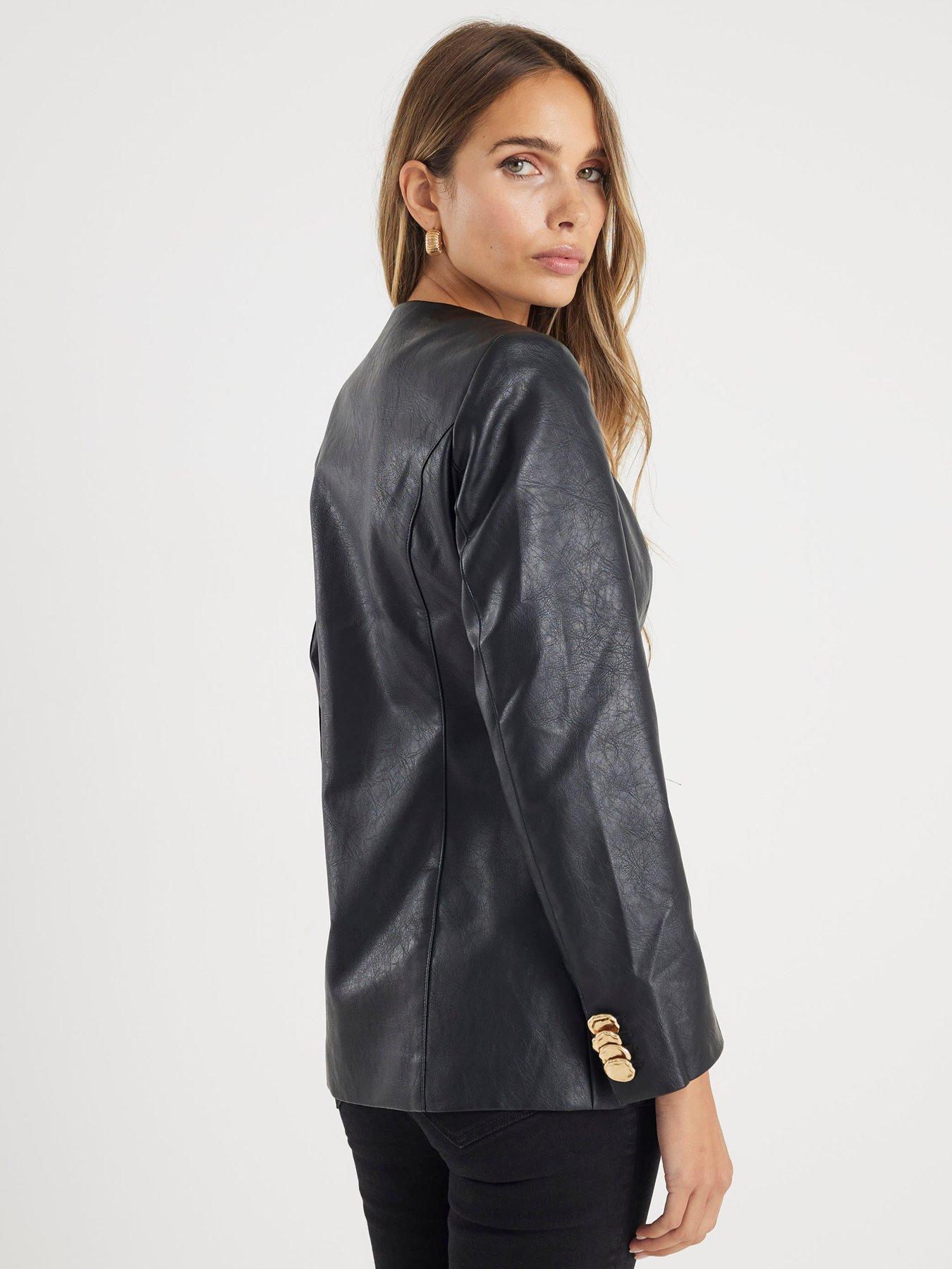 River Island Gold Button Pu Collarless Jacket - Black | Very