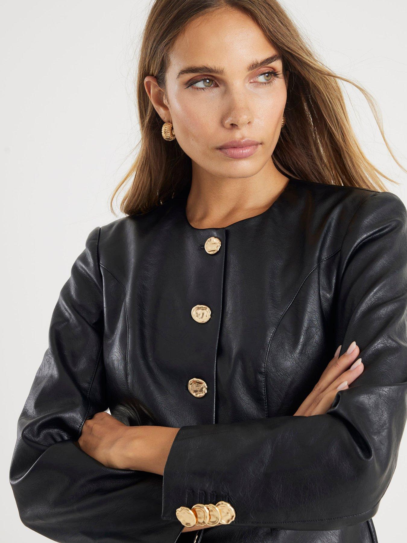 River Island Gold Button Pu Collarless Jacket - Black | Very