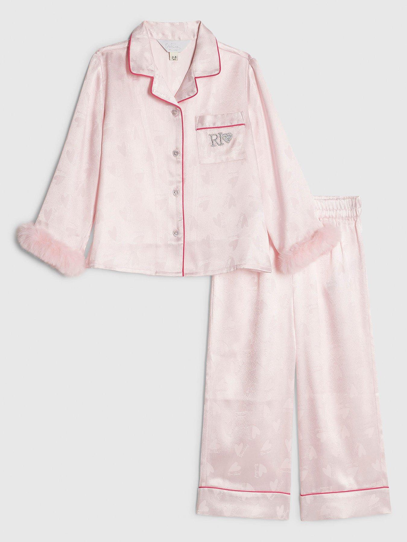 River Island Mini Girls Fur Cuff Satin Pyjamas - Pink | Very