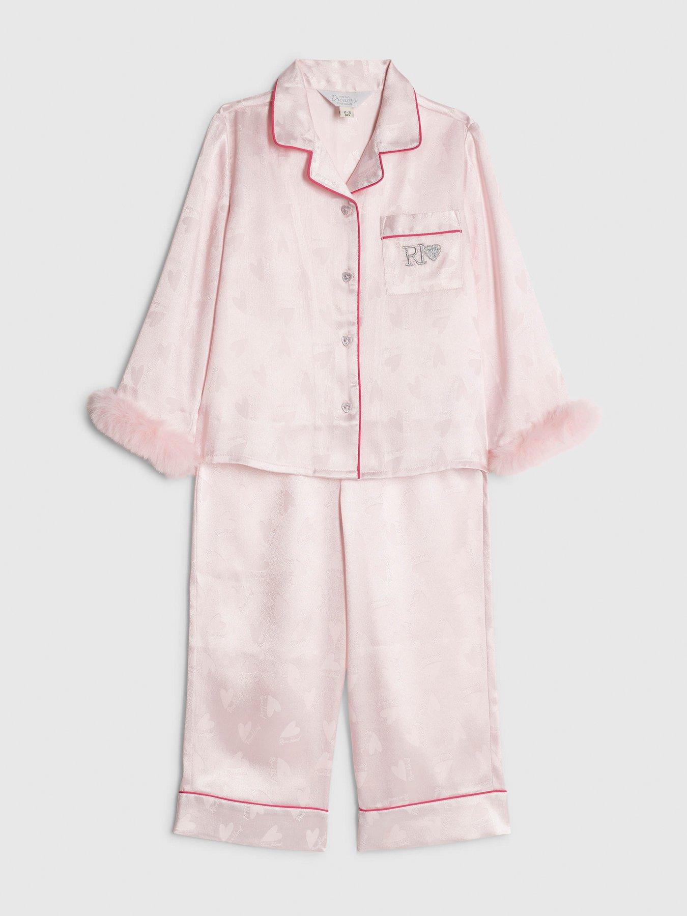 River Island Mini Girls Fur Cuff Satin Pyjamas - Pink | Very