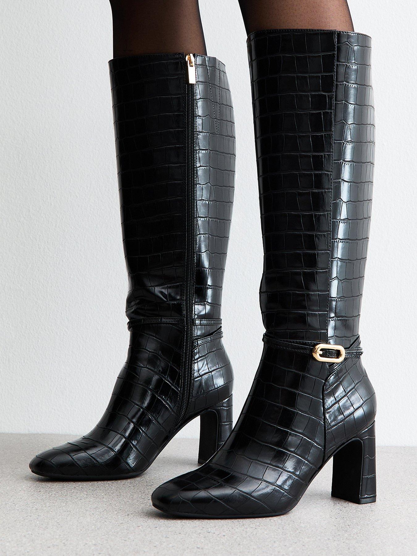 New Look Snakeskin Effect Faux Leather Knee High Boots - Black | Very