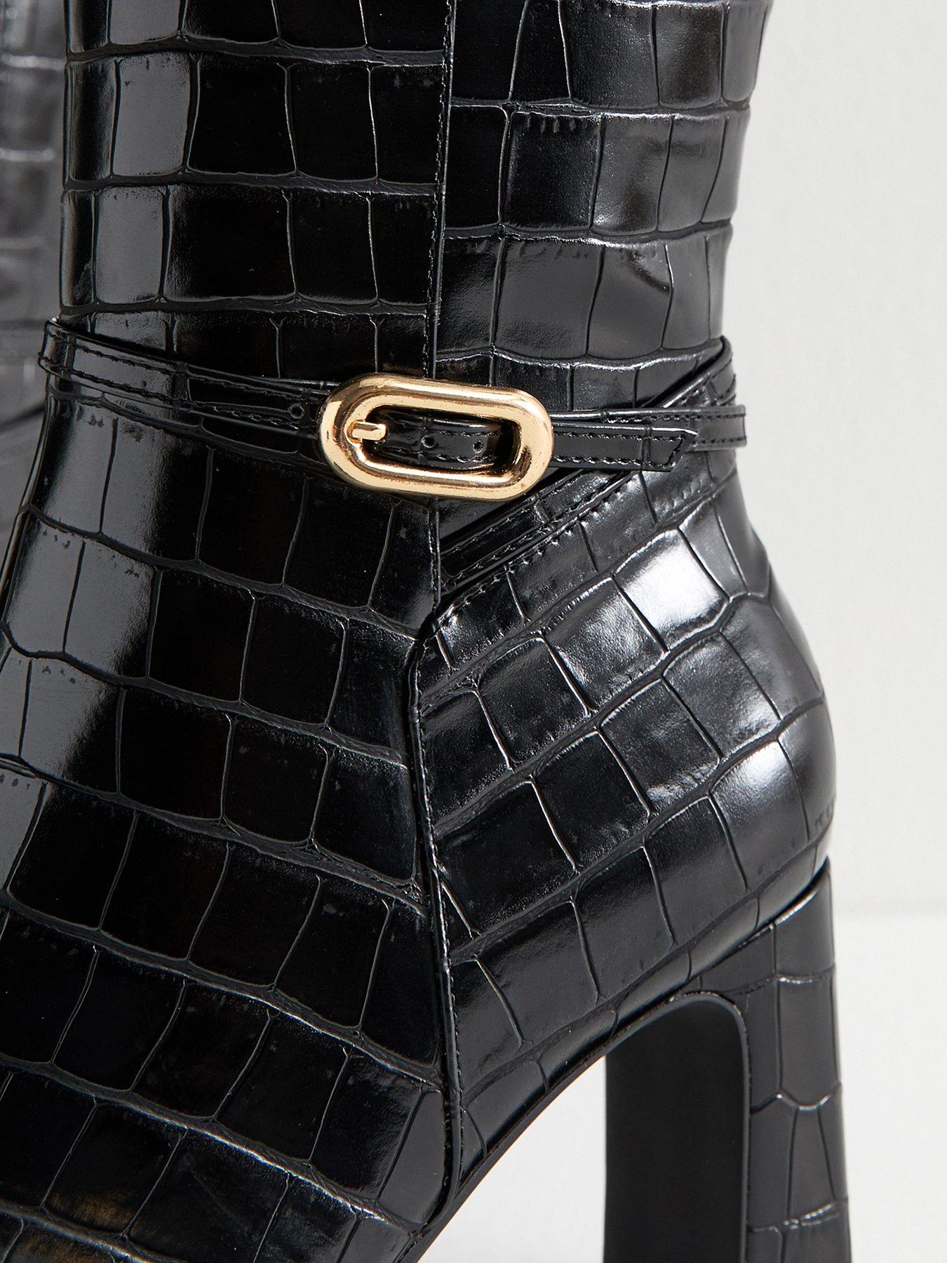 New Look Snakeskin Effect Faux Leather Knee High Boots - Black | Very