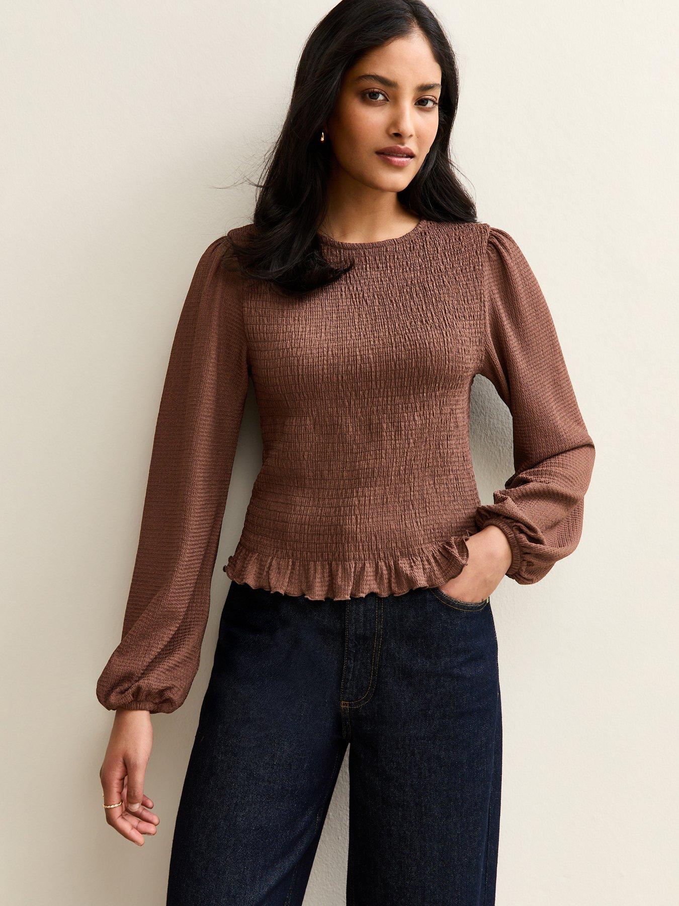 New Look Shirred Textured Long Sleeve Top - Brown | Very