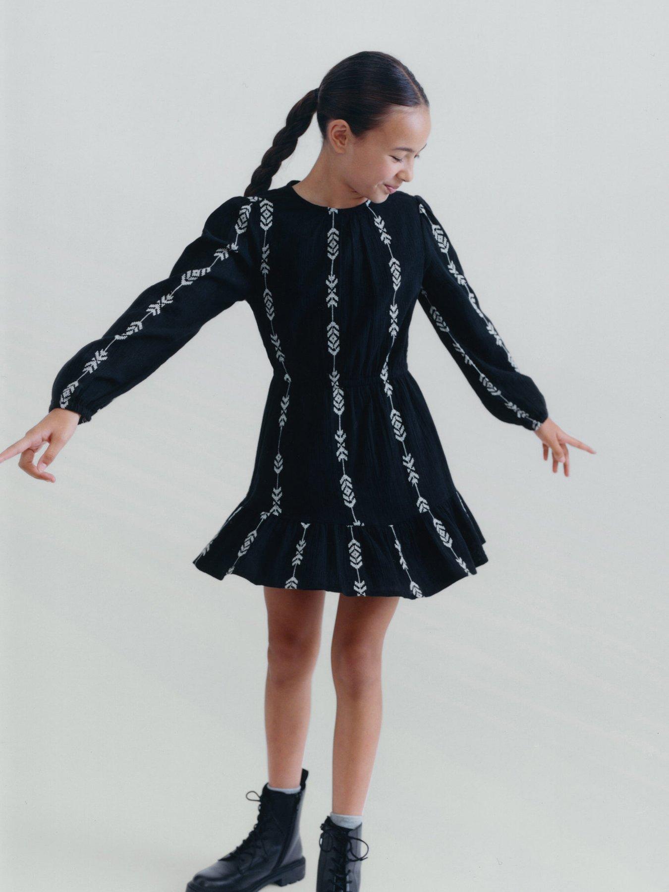 Mango Girls Embroidered Long Sleeve Dress - Black | Very