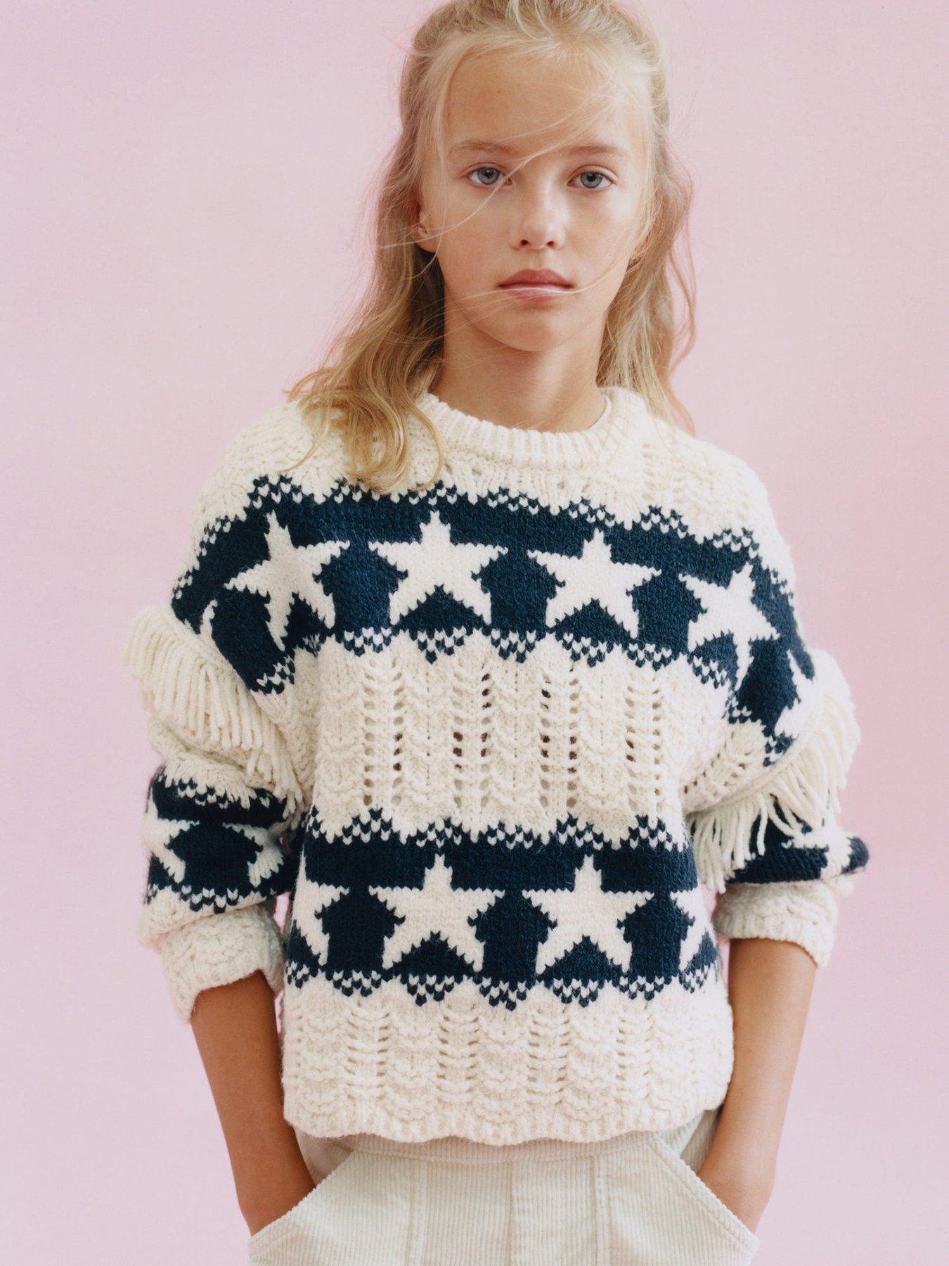 Mango Girls Star Fringe Knitted Jumper - Light Cream | Very