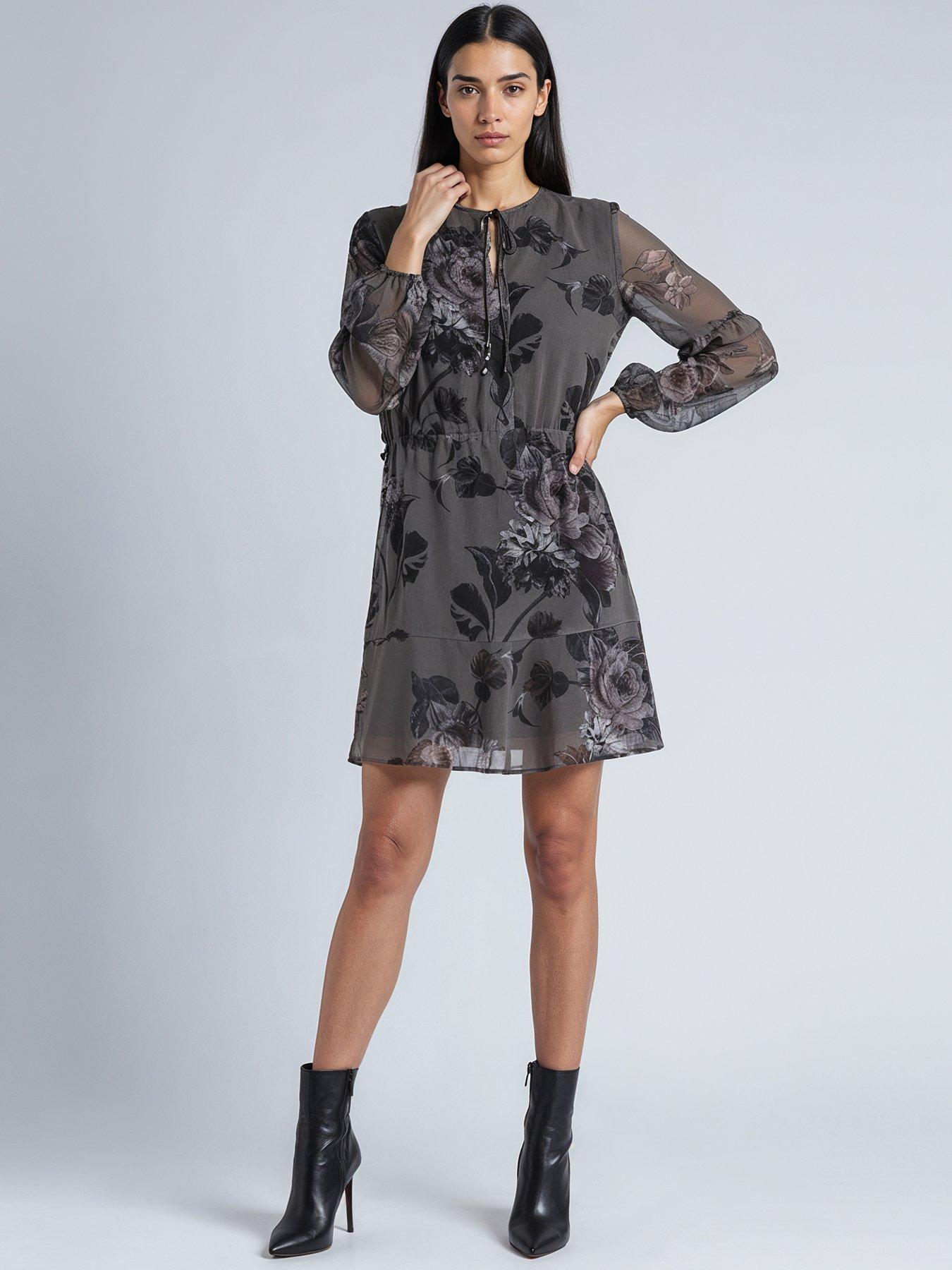 Religion Aida Short Mini Floral Print Tie Waist Shift Dress - Grey | Very