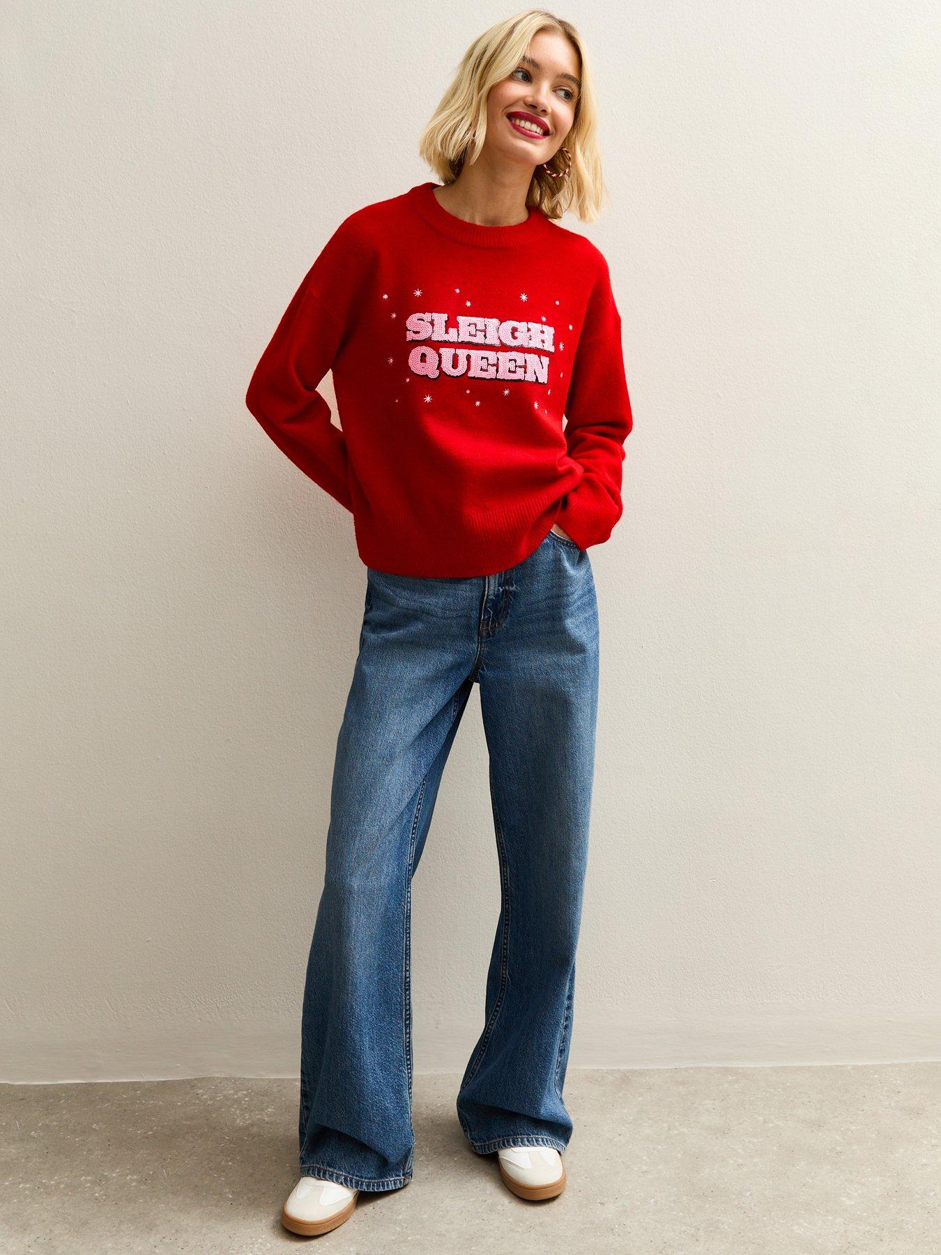 New Look Sequinned Sleigh Queen Christmas Jumper - Red | Very