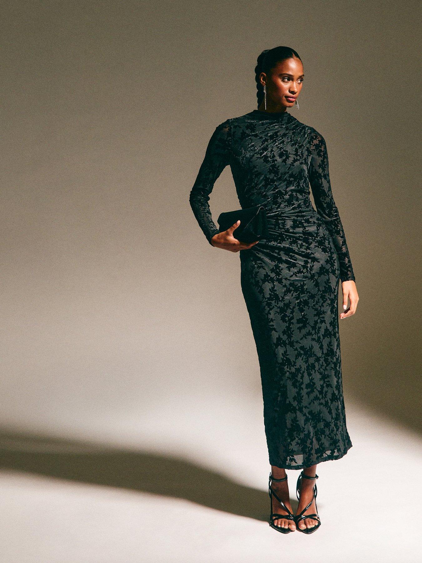 New Look Black Velvet Floral Devore Long Sleeve Midi Dress | Very