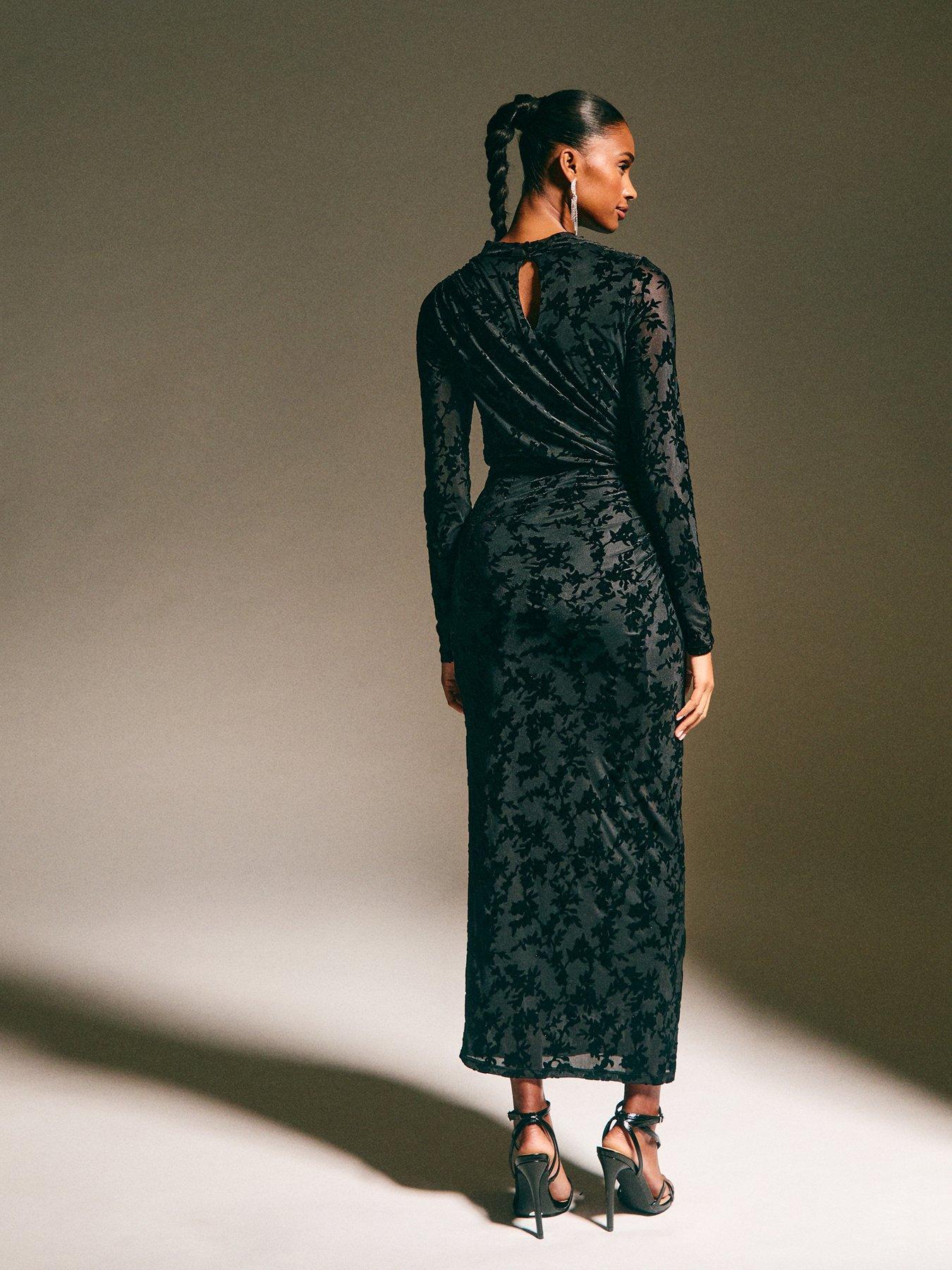 New Look Black Velvet Floral Devore Long Sleeve Midi Dress | Very