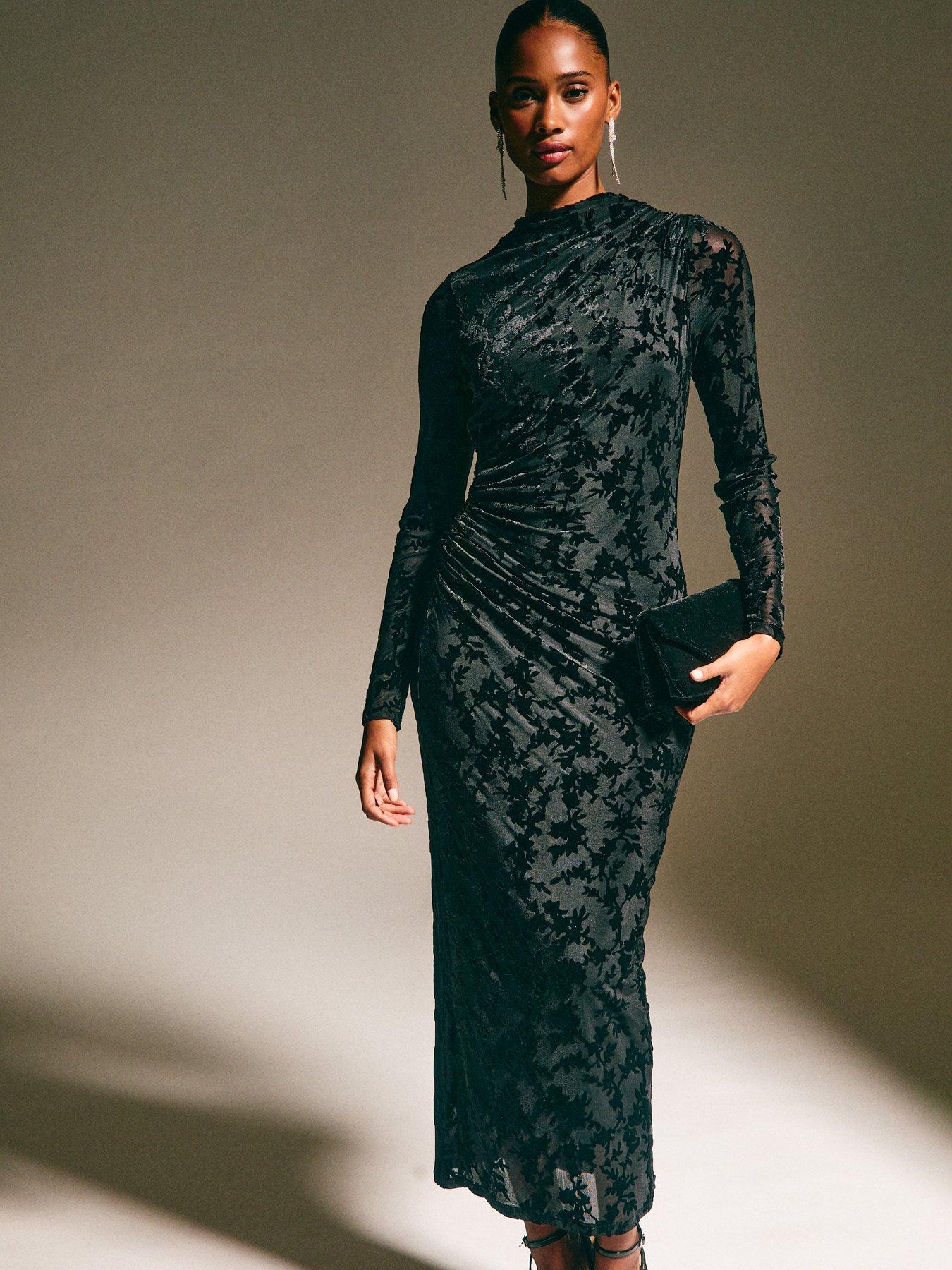 New Look Black Velvet Floral Devore Long Sleeve Midi Dress | Very