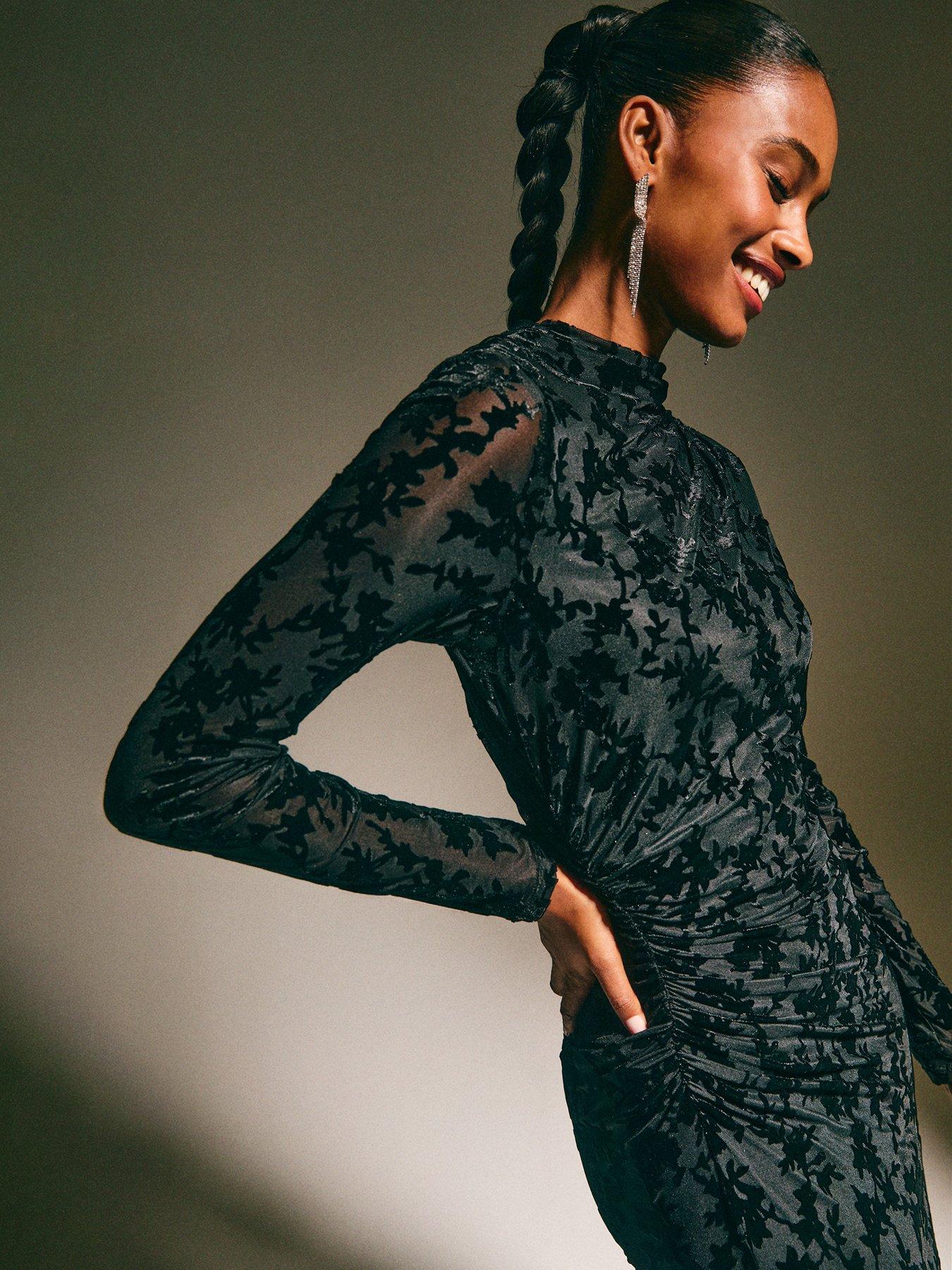 New Look Black Velvet Floral Devore Long Sleeve Midi Dress | Very