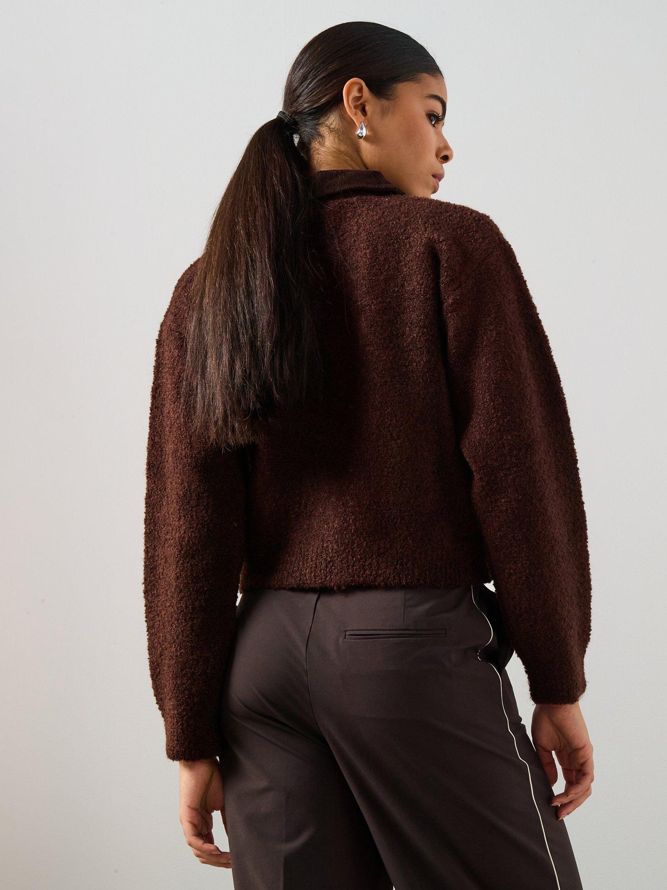 Mango Zip Up Boucle Collared Cardigan - Brown | Very