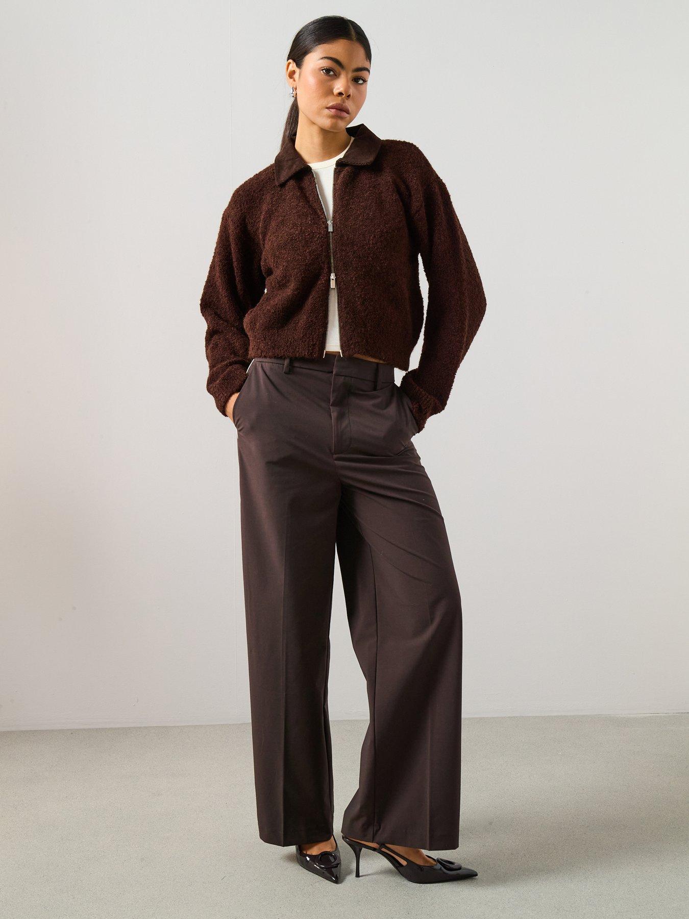 Mango Zip Up Boucle Collared Cardigan - Brown | Very