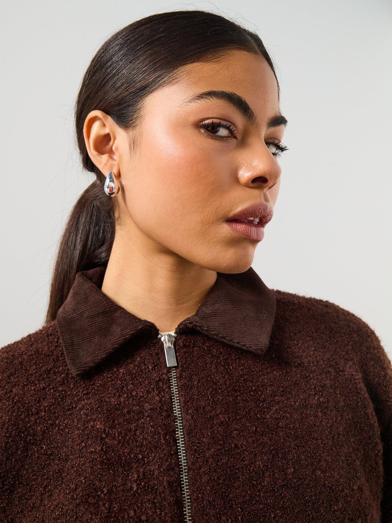 Mango Zip Up Boucle Collared Cardigan - Brown | Very