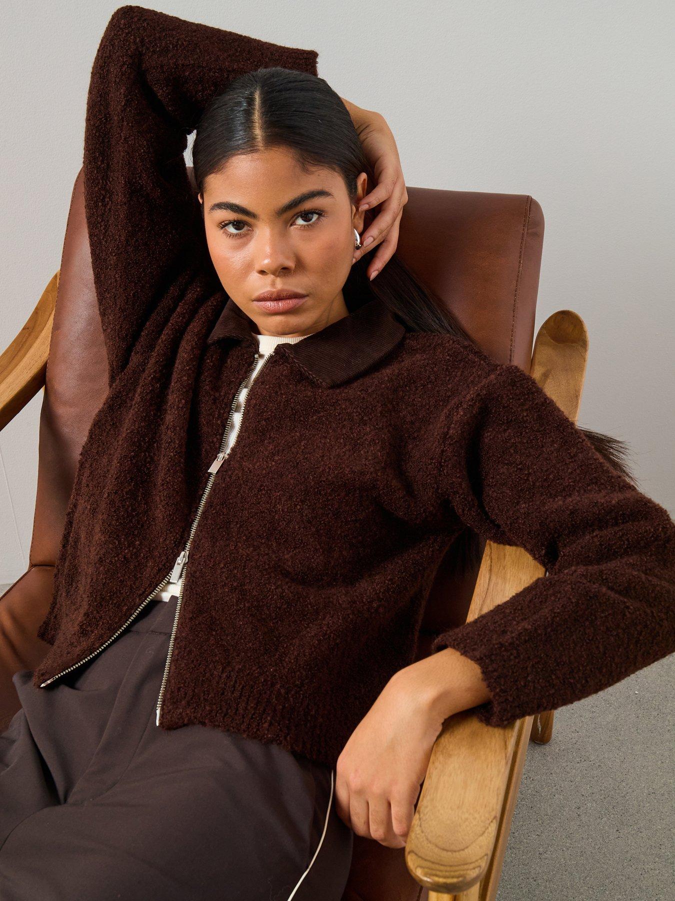 Mango Zip Up Boucle Collared Cardigan - Brown | Very