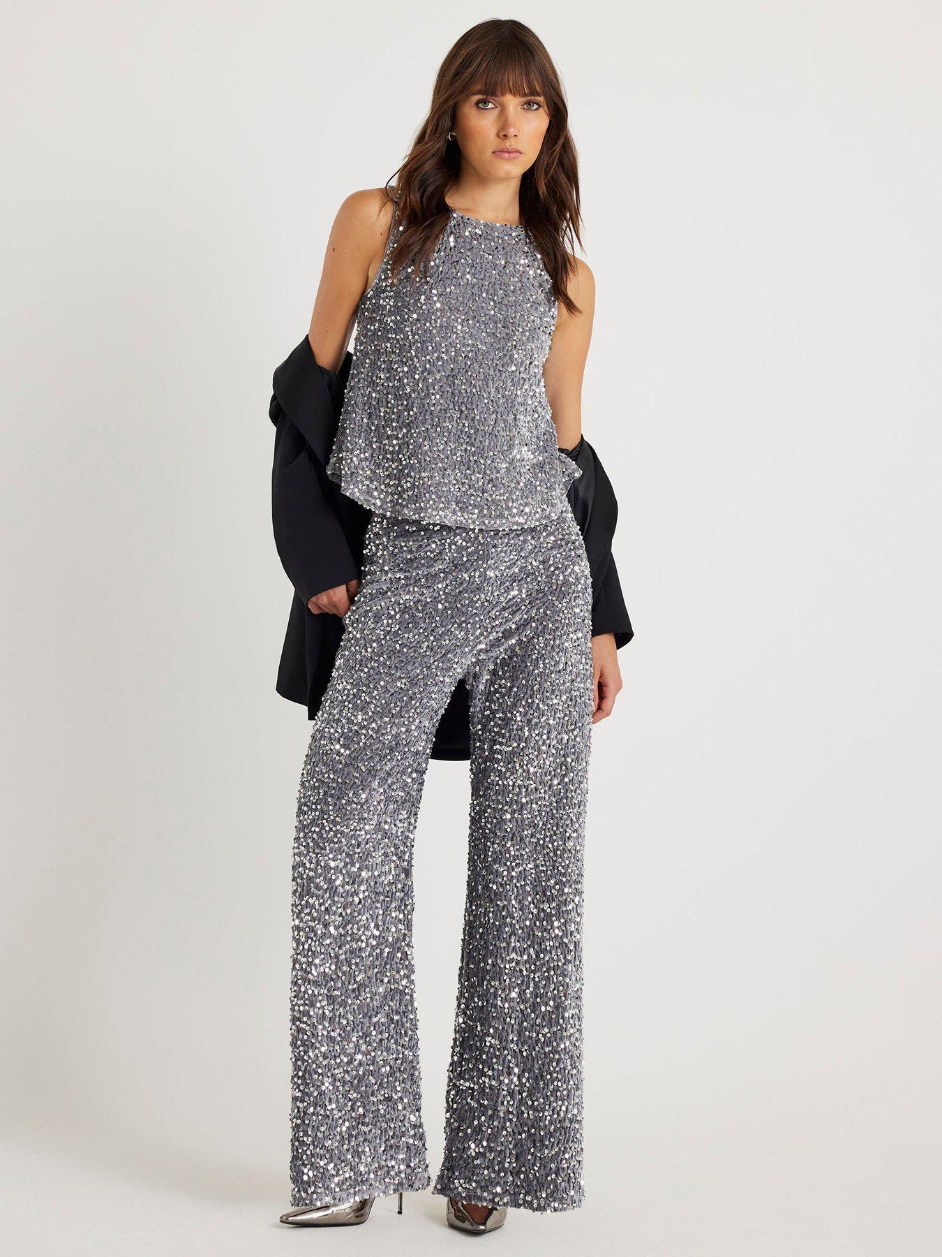 River Island Short Velvet Sequin Bow Back Top - Silver | Very