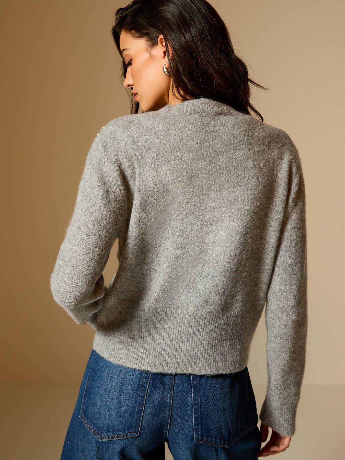 New Look Grey Diamante Floral Embellished Crew Neck Cardigan | Very