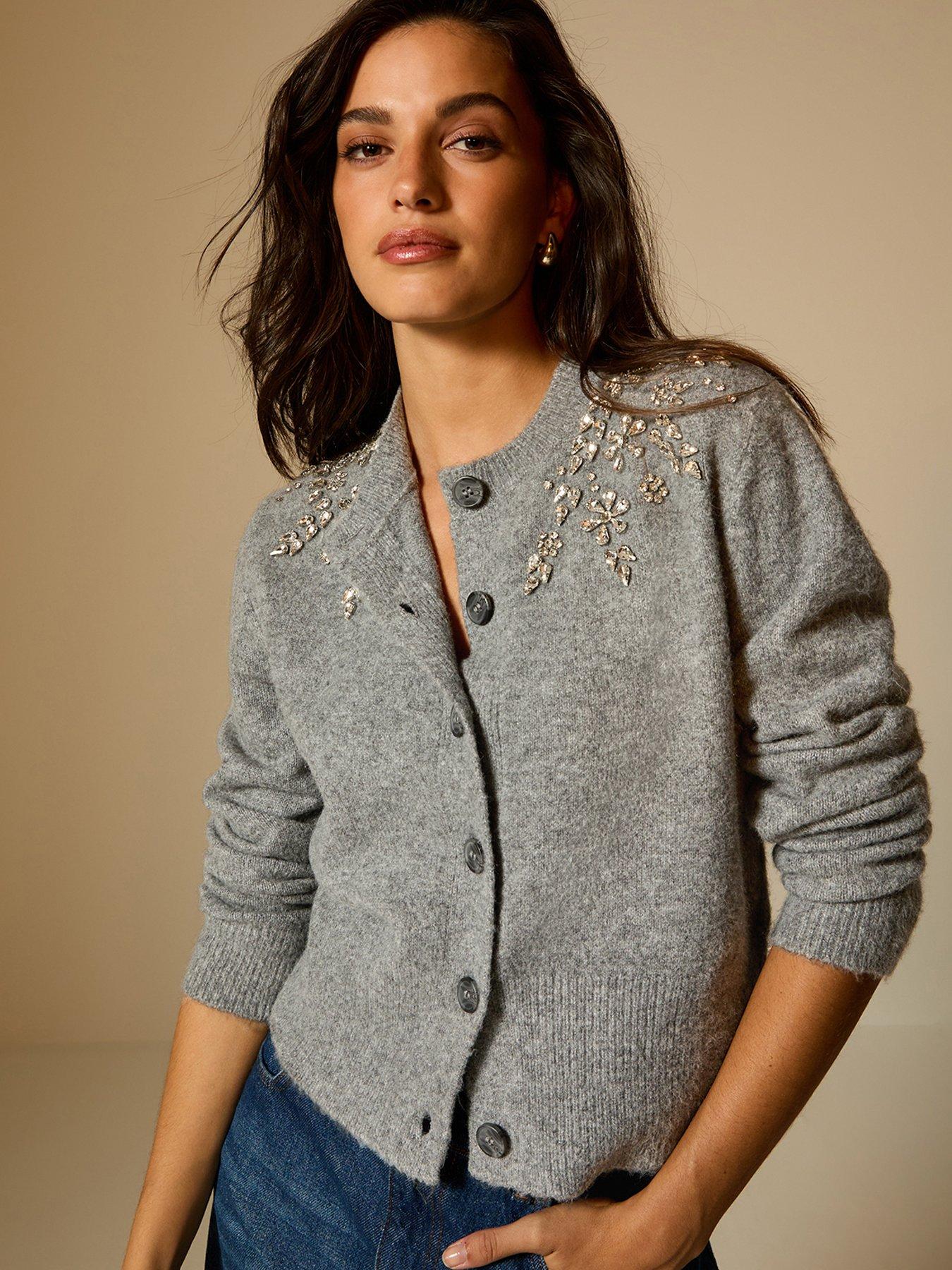 New Look Grey Diamante Floral Embellished Crew Neck Cardigan | Very