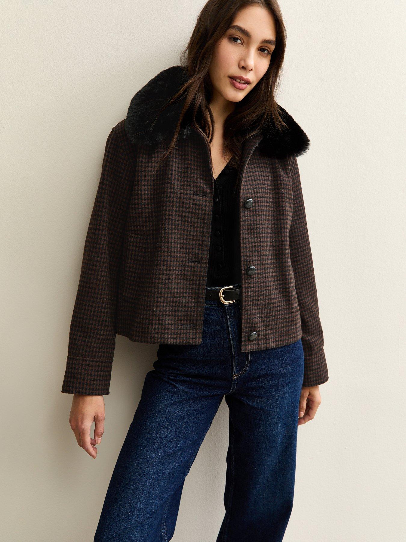 New Look Brown Faux Fur Collar Check Jacket | Very