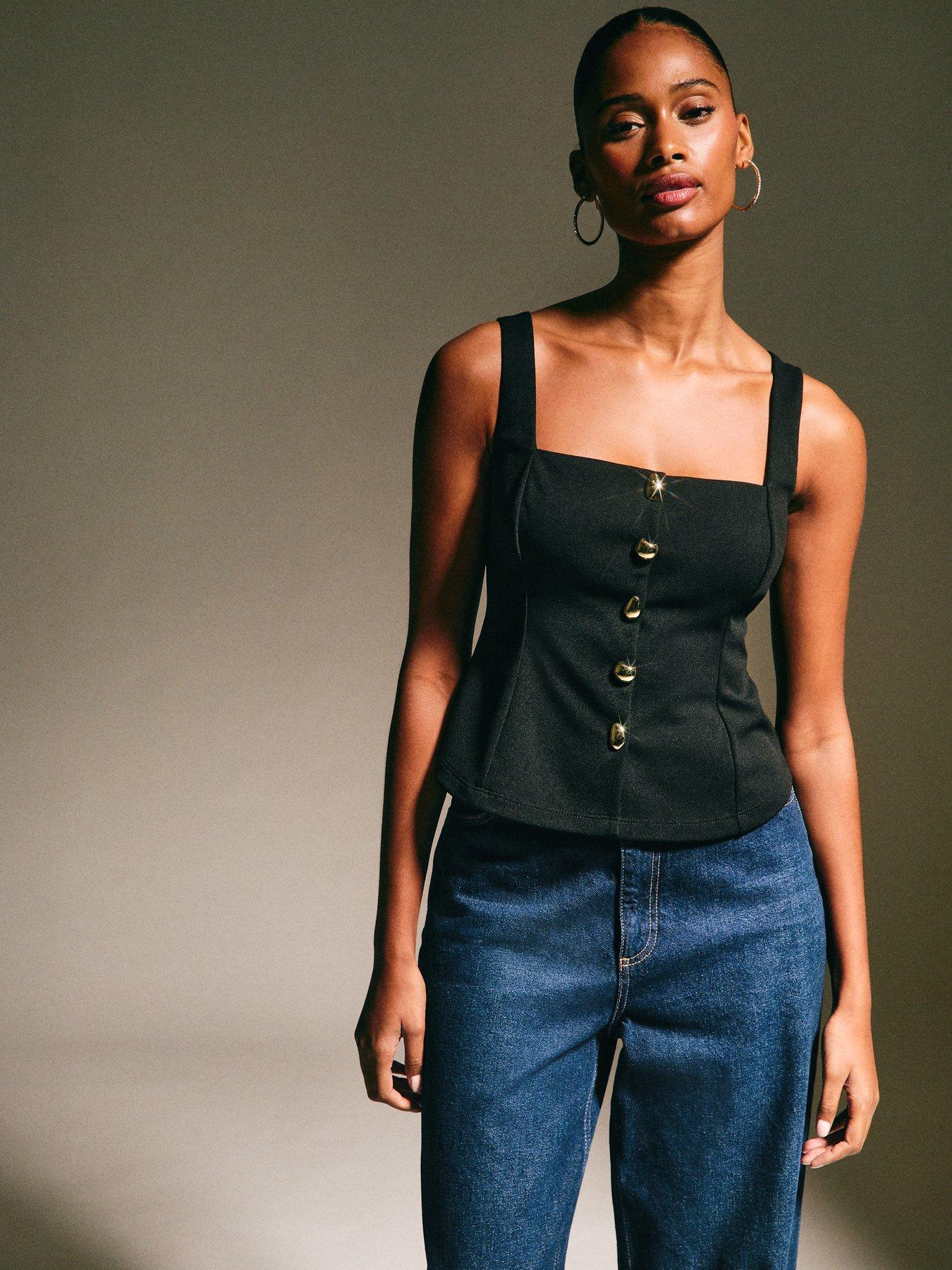 New Look Square Neck Button Up Top - Black | Very