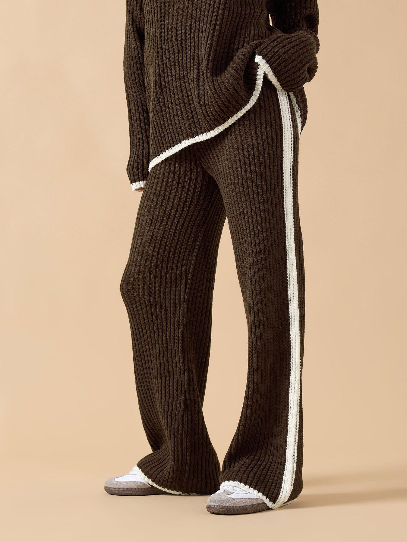 PixieGirl Petite Side Stripe Knitted Wide Leg Trouser - Brown | Very