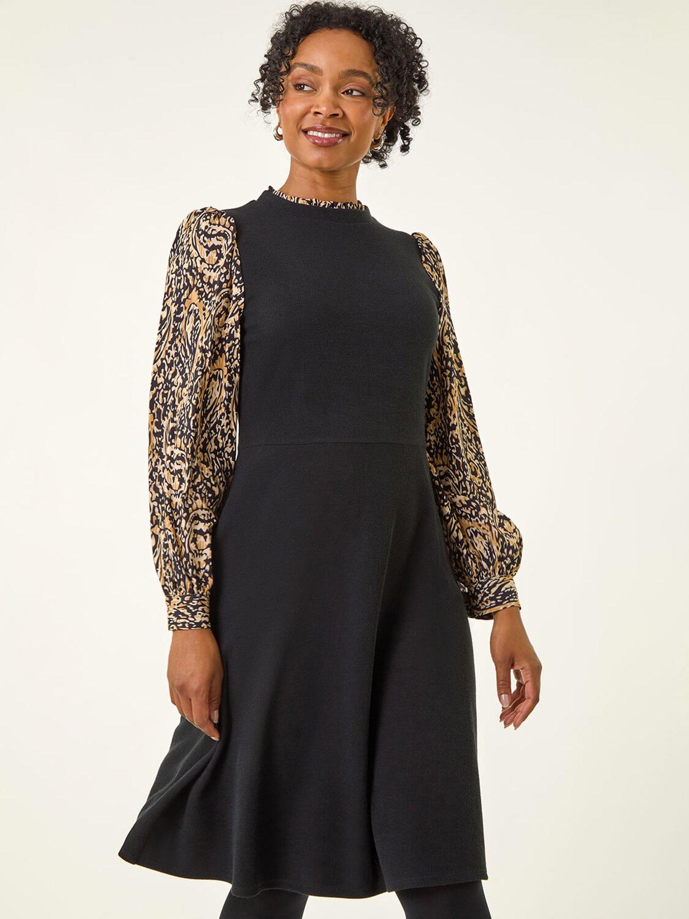 Roman Petite Contrast Frill Stretch Dress - Black | Very
