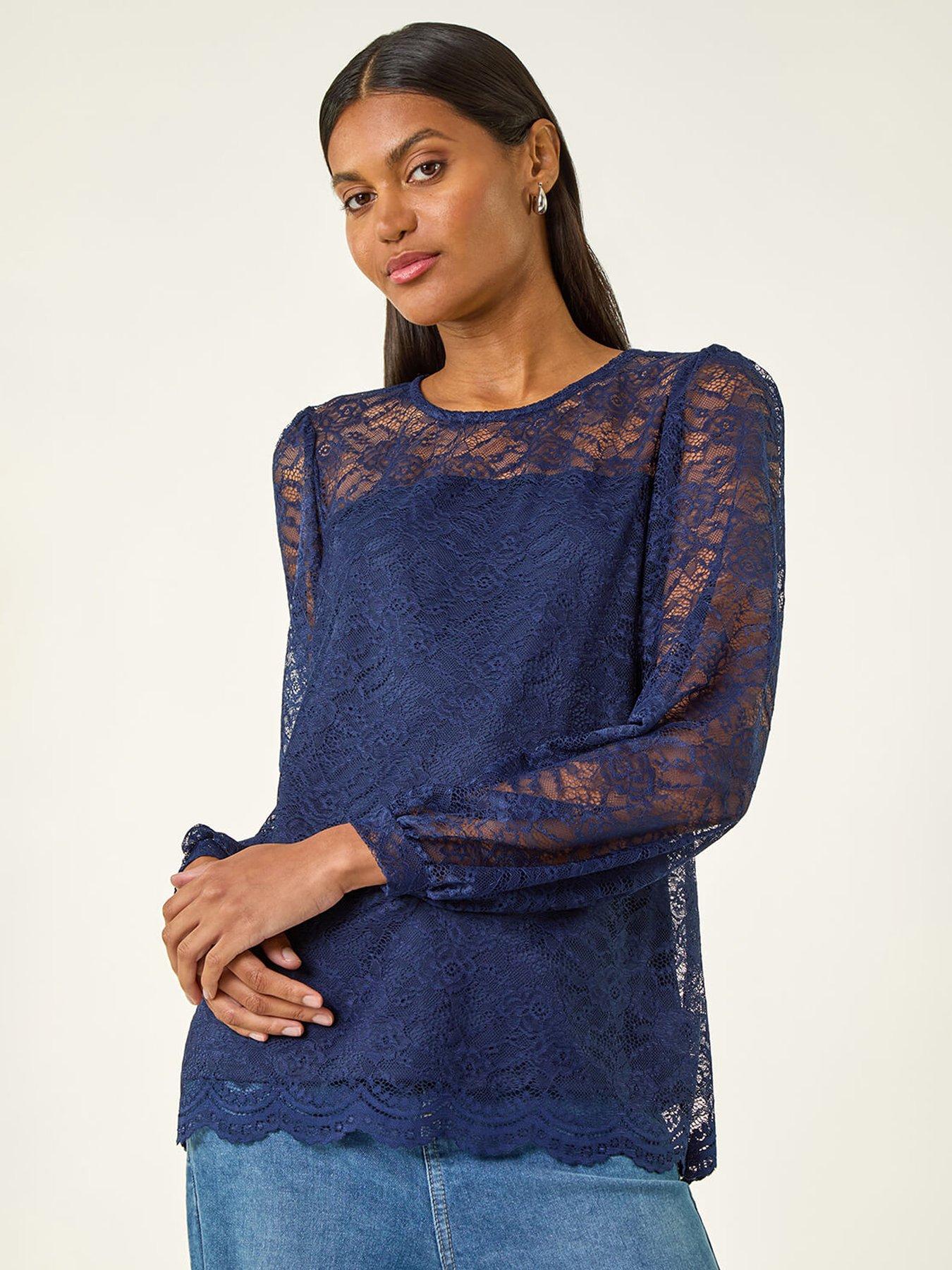 Roman Lace Jersey Stretch Top - Navy | Very