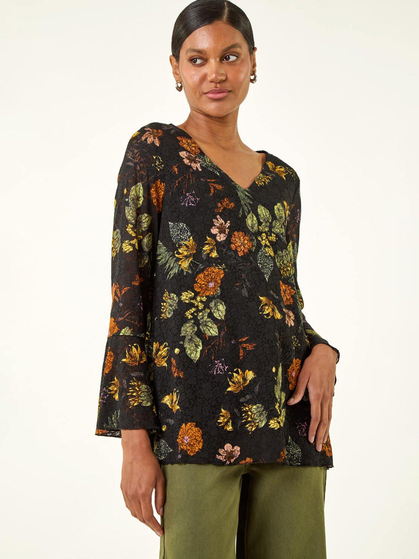 Roman Floral Print V-Neck Top - Black | Very