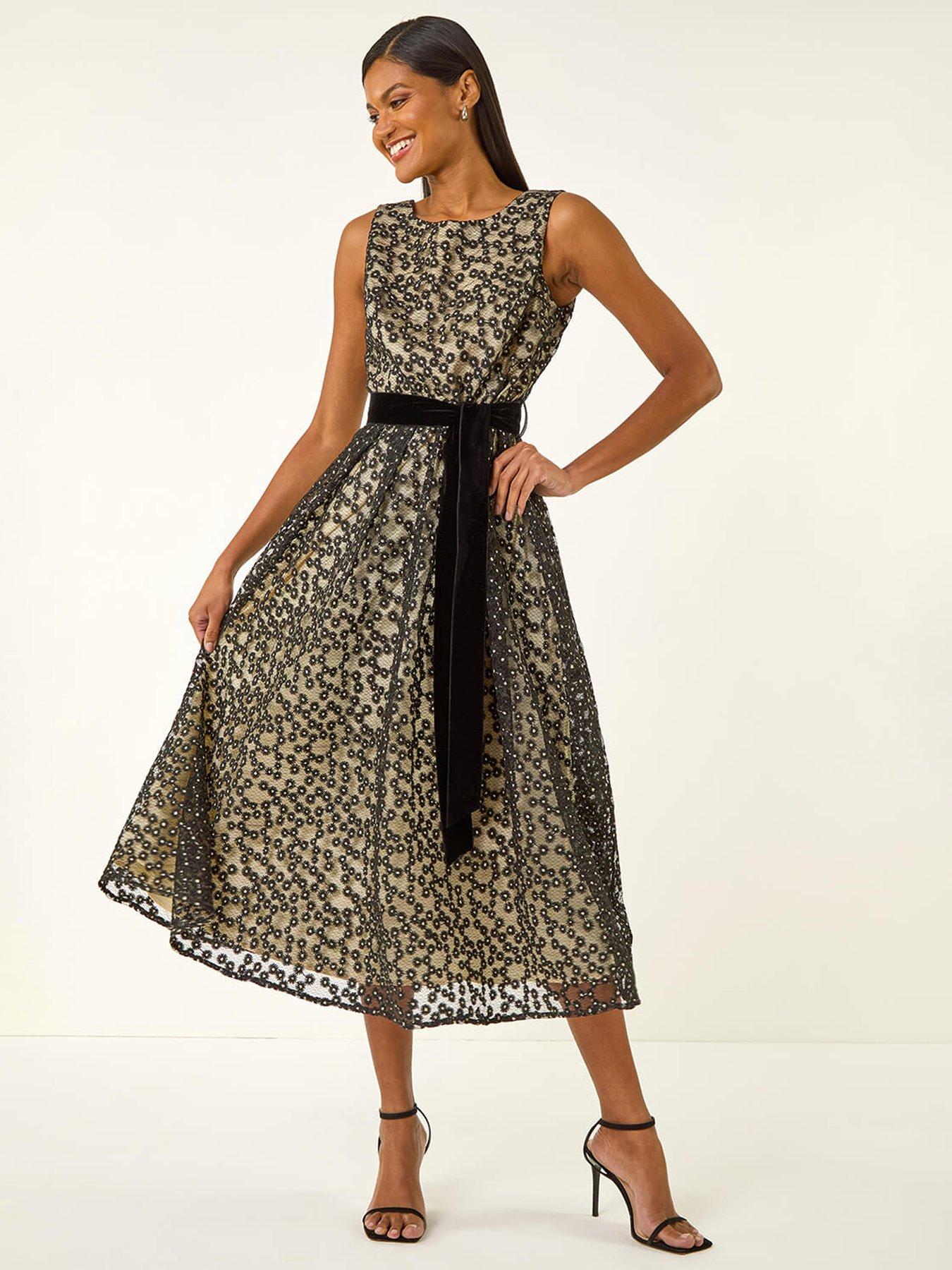 Roman Lace Overlay Bow Detail Midi Dress - Black | Very