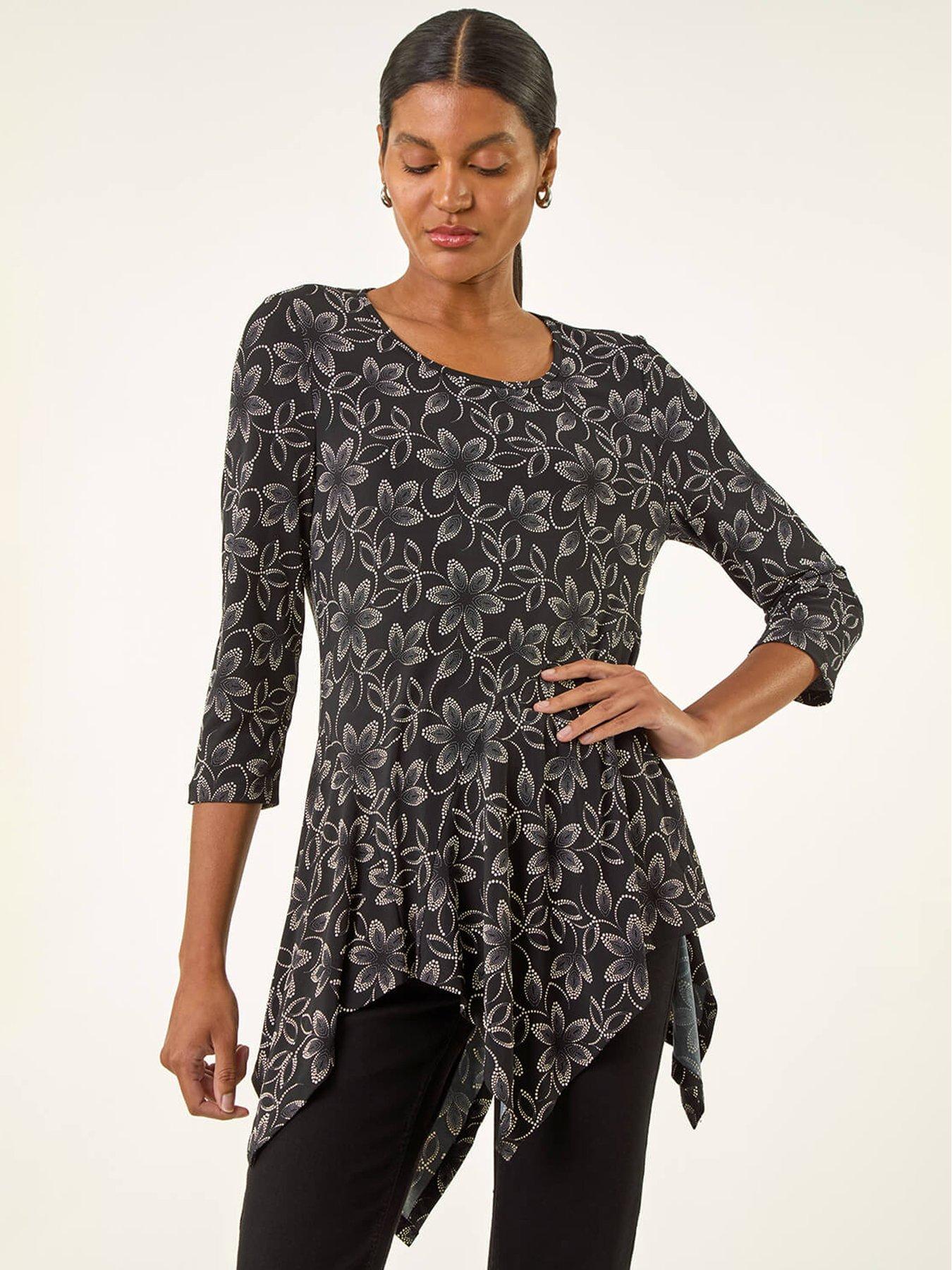 Roman Floral Print Asymmetric Tunic Top - Black | Very