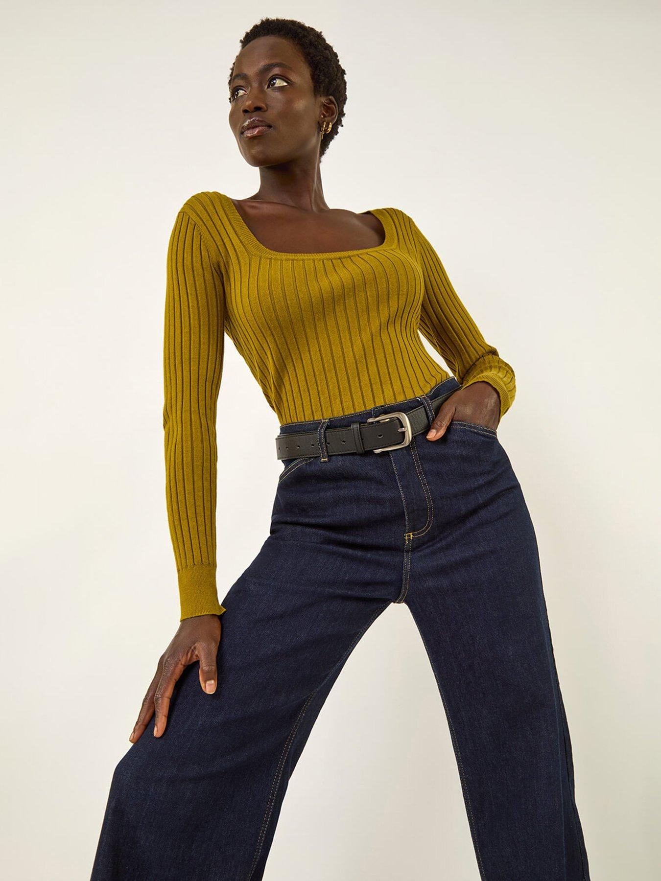 Roman Square Neck Ribbed Knit Jumper - Green | Very