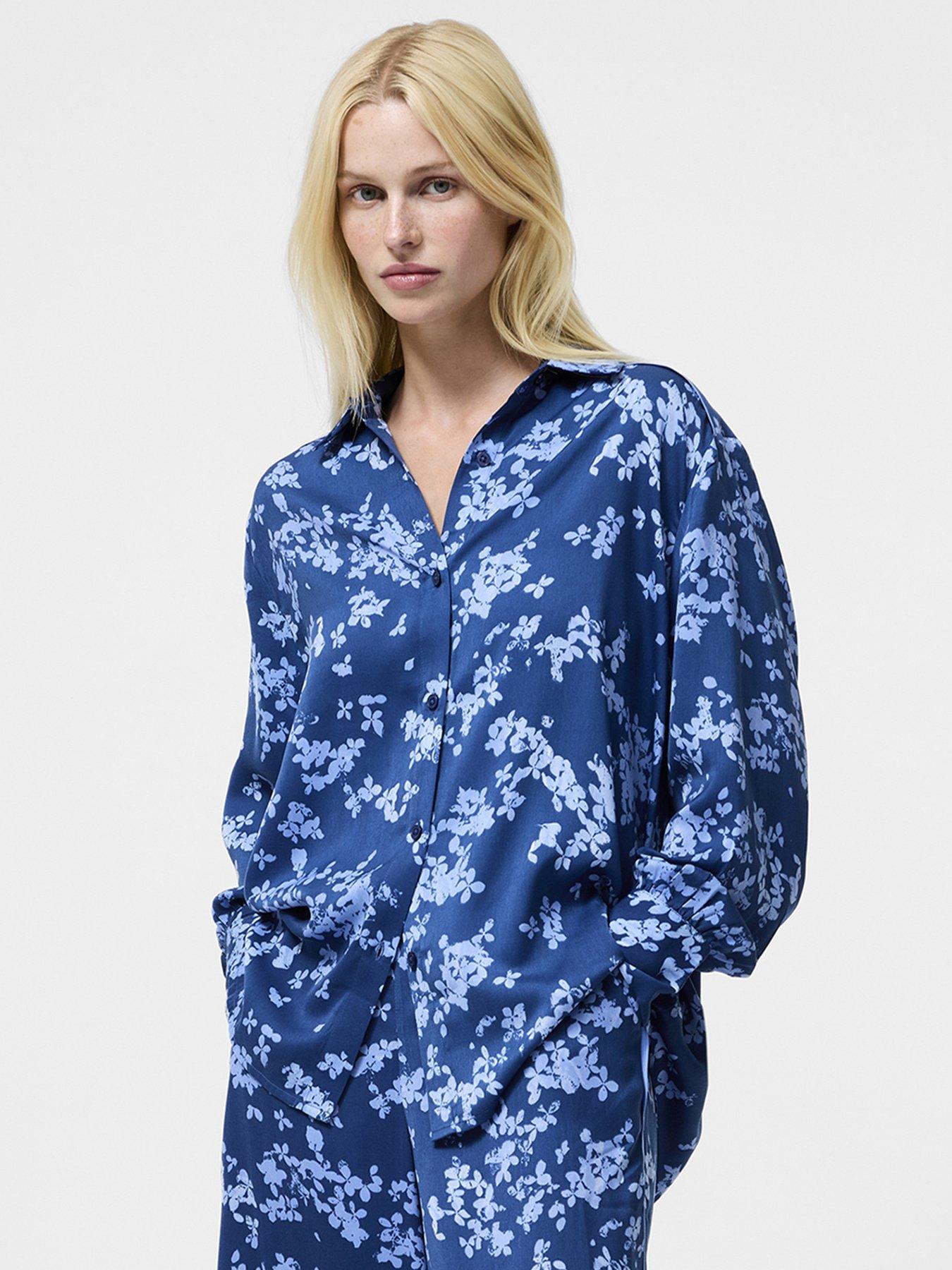 French Connection Floral Print Long Sleeve Button-Up Shirt - Blue | Very